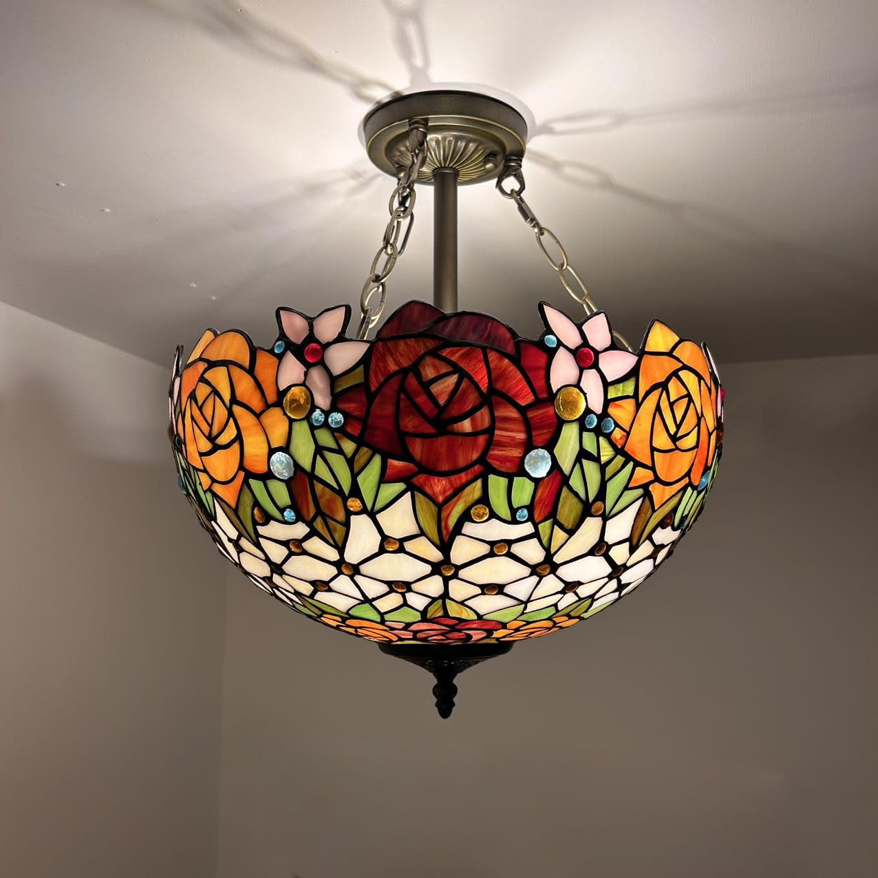 Tiffany Ceiling Lights Red Orange Stained Glass Rose Flowers LED Bulbs ...