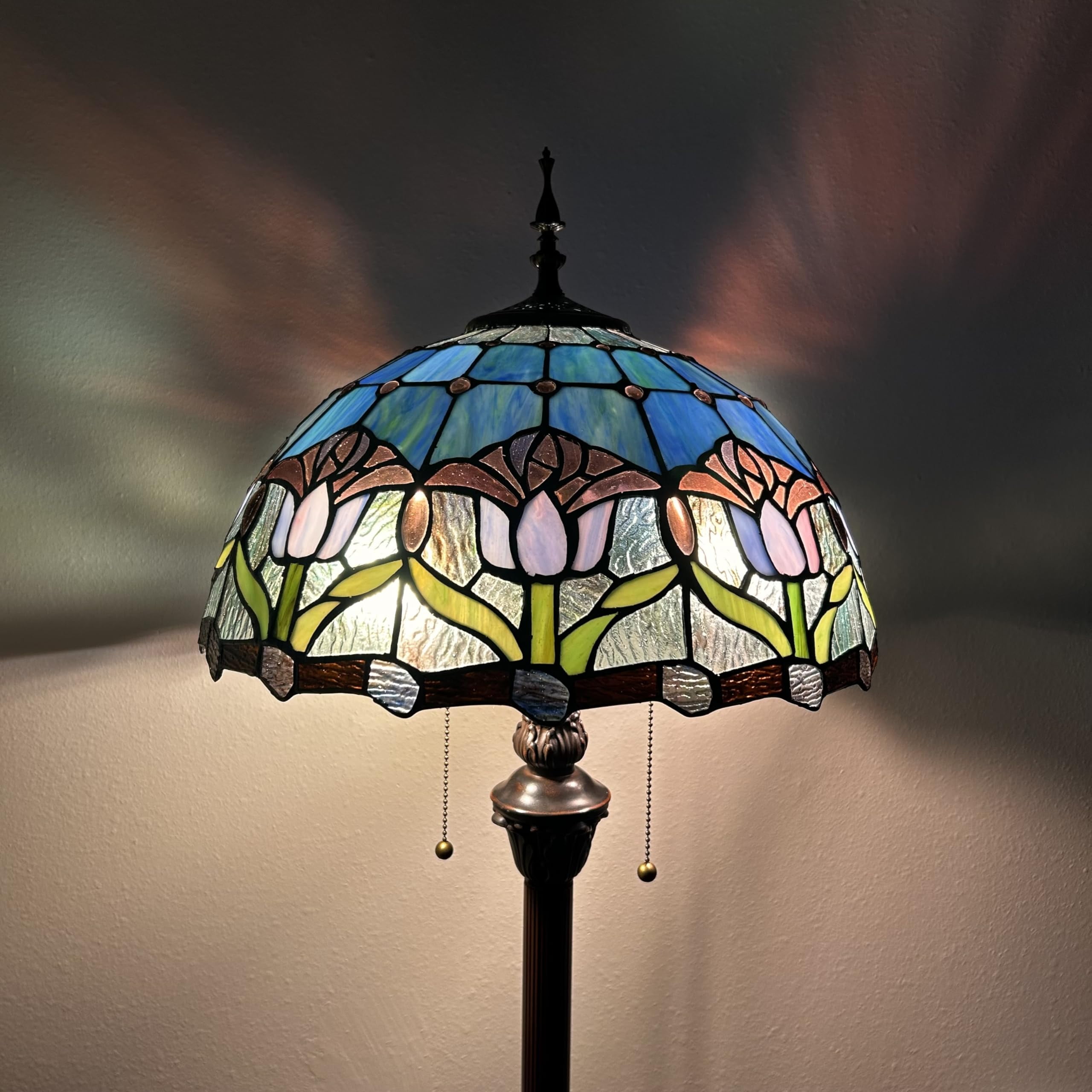 Tiffany Floor Lamp Blue Purple Stained Glass Tulips Metal Base LED ...