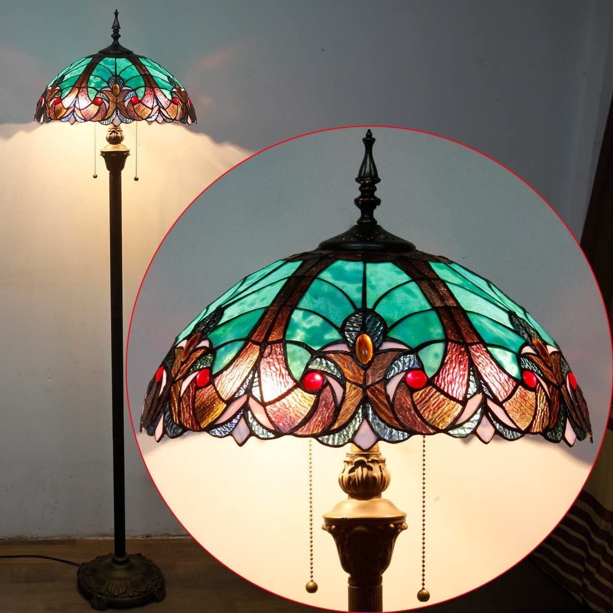 Tiffany Floor Lamp W16H64 Inch Green Stained Glass Liaison Style Shade ...