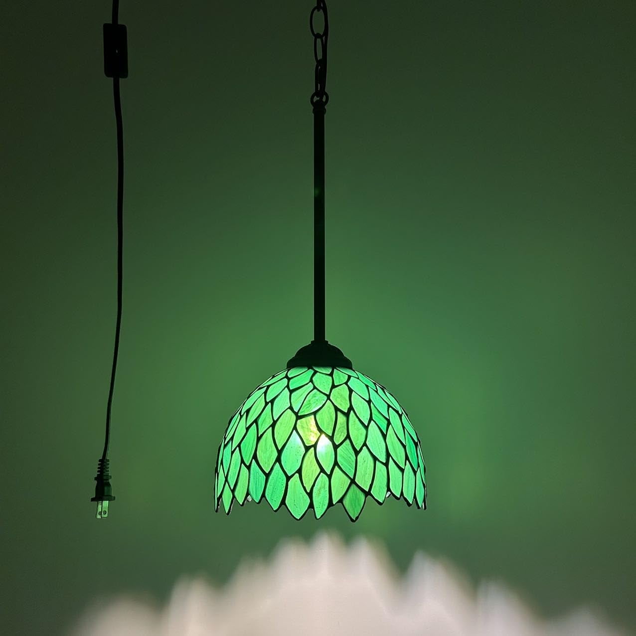 Tiffany Mini Hanging Lights Plug In Green Leaves Stained Glass LED Bulb ...