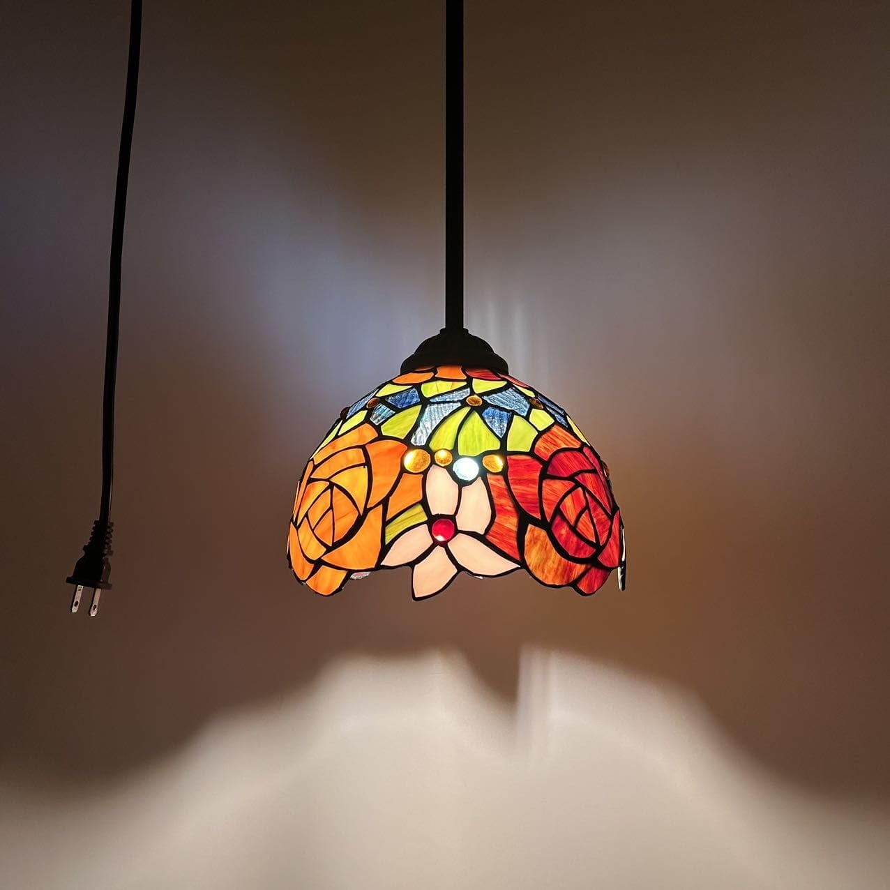 Tiffany Mini Hanging Lights Plug In Red Orange Blue Stained Glass Rose ...