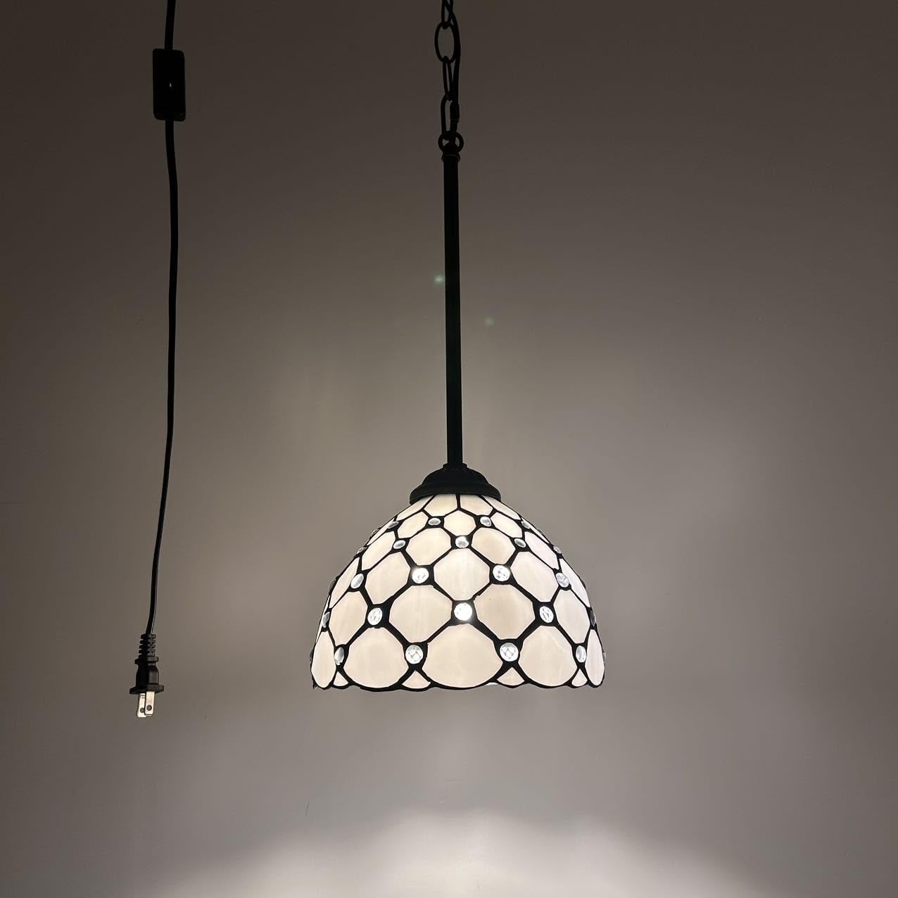 Tiffany Mini Hanging Lights Plug In White Stained Glass Crystal Beans ...