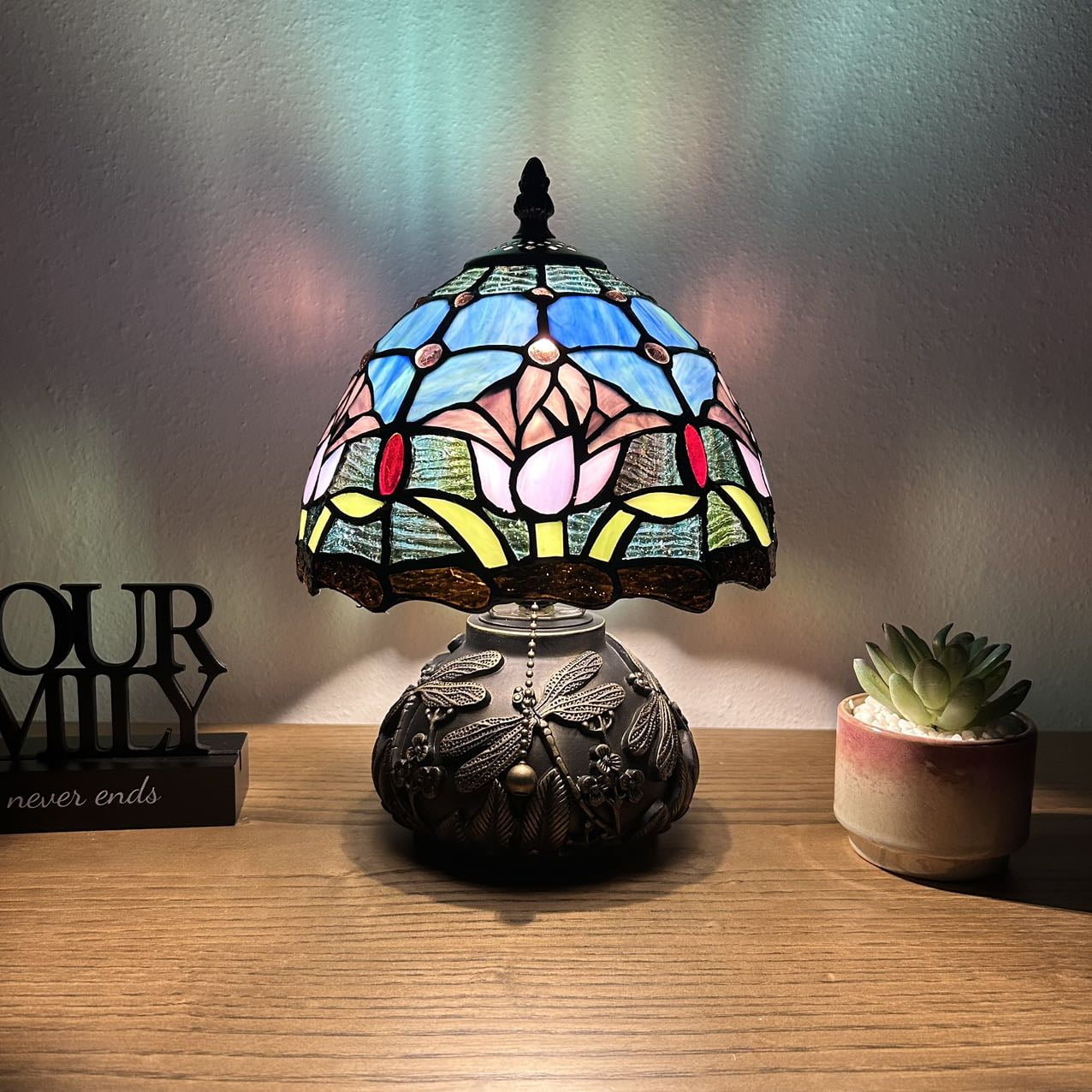 Tiffany Mini Table Lamp Blue Stained Glass Tulips Pull Chain Switch ...