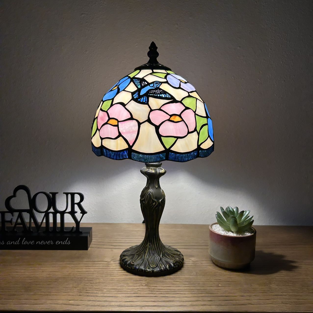 Tiffany Mini Table Lamp Pink Blue Stained Glass Hummingbird Flowers ...