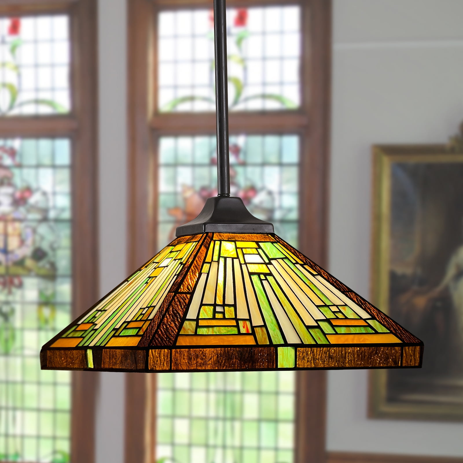 Tiffany Pendant Light 12" Wide Amber Brown Mission Style Stained Glass ...