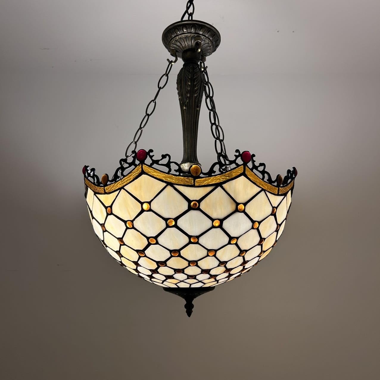 Tiffany Pendant Lighting Ceiling Light Beige Stained Glass Crystal ...