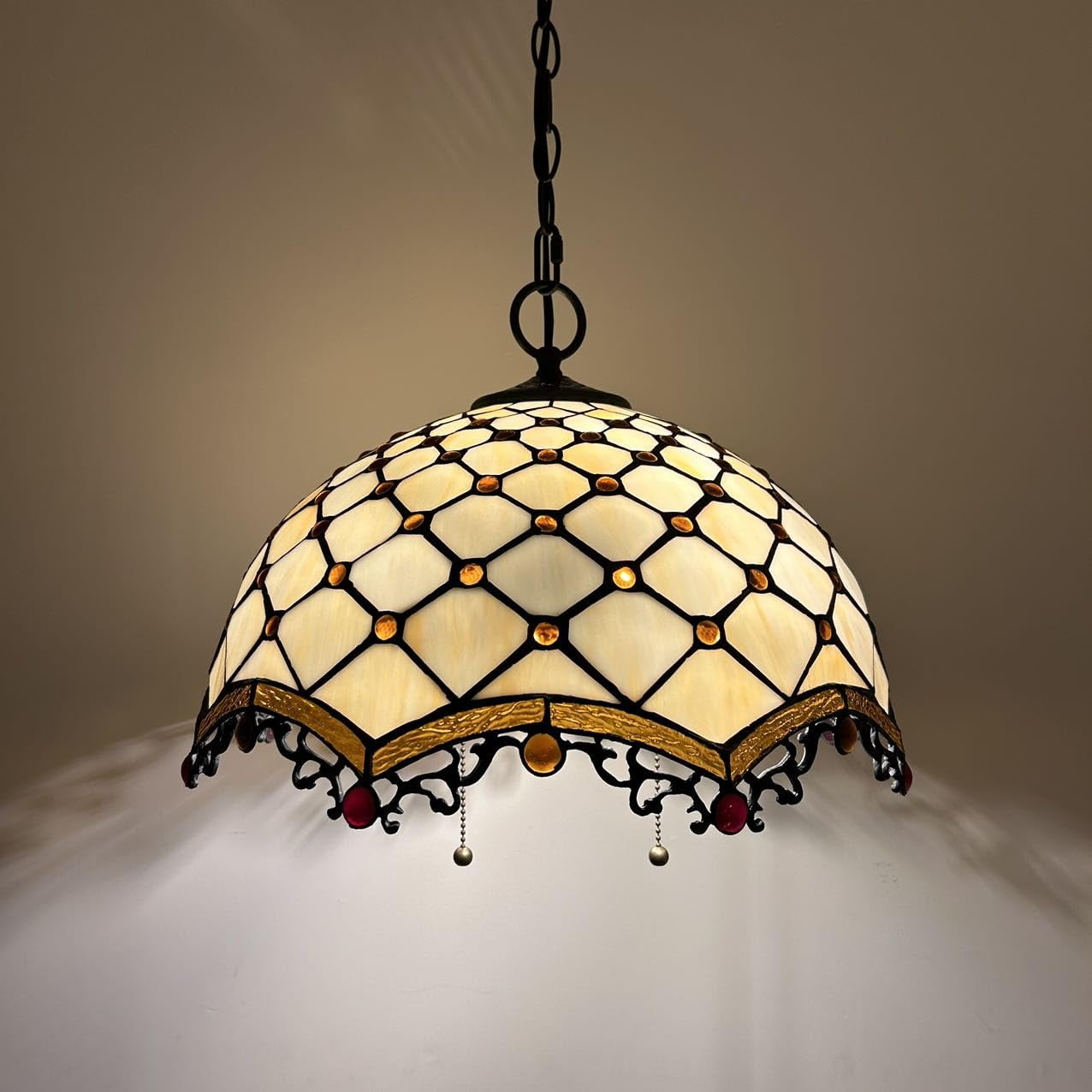 Tiffany Pendant Lights Fixture Beige Stained Glass Crystal Beans LED ...