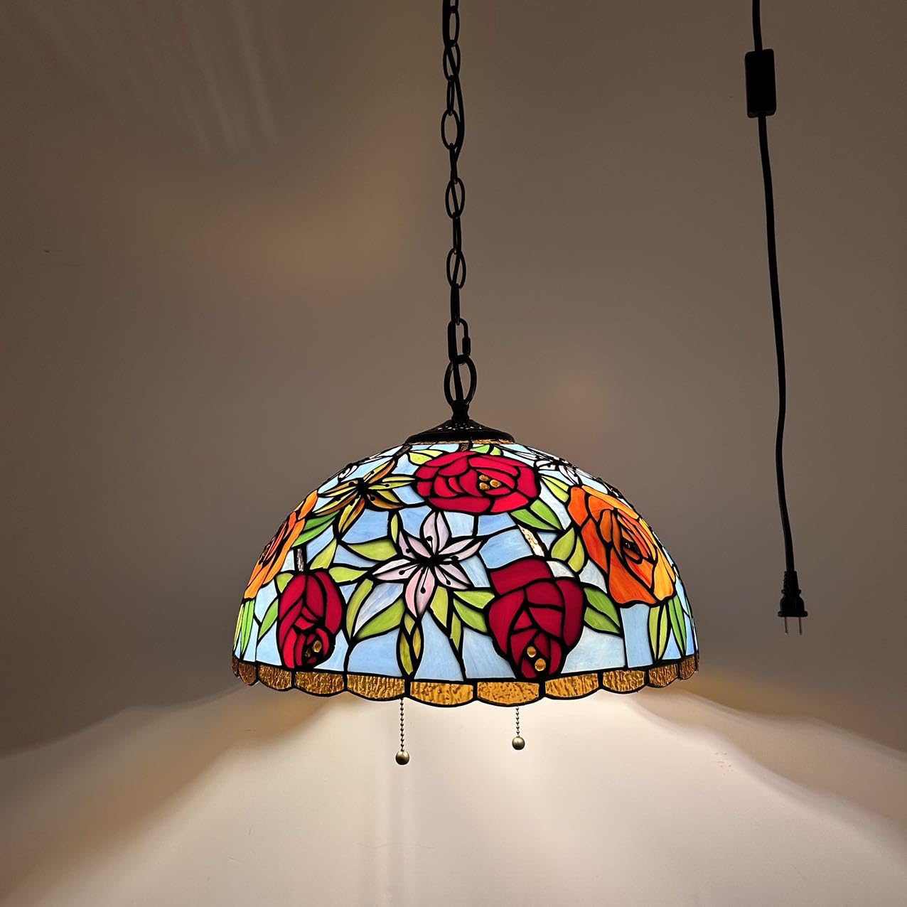 Tiffany Pendant Lights Fixture Red Orange Stained Glass Rose Flowers ...