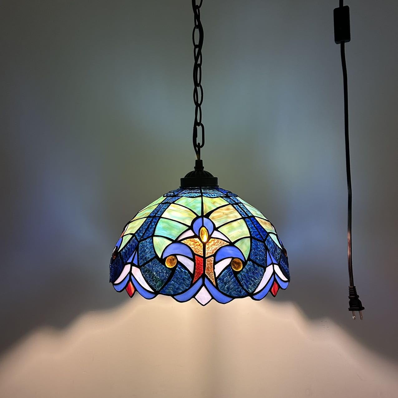 Tiffany Pendant Lights Plug In Green Blue Stained Glass LED Bulb ...