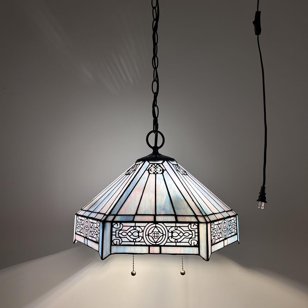 Tiffany Pendant Lights Plug In Pink Blue Stained Glass Hexagon LED Bulb ...