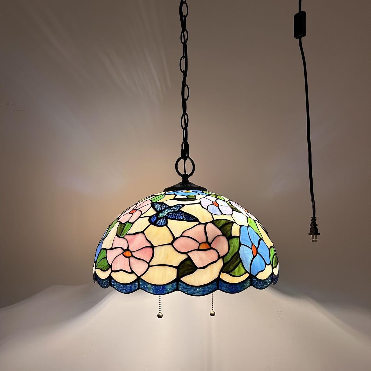 Tiffany Pendant Lights Plug In Pink Blue Stained Glass Hummingbird ...