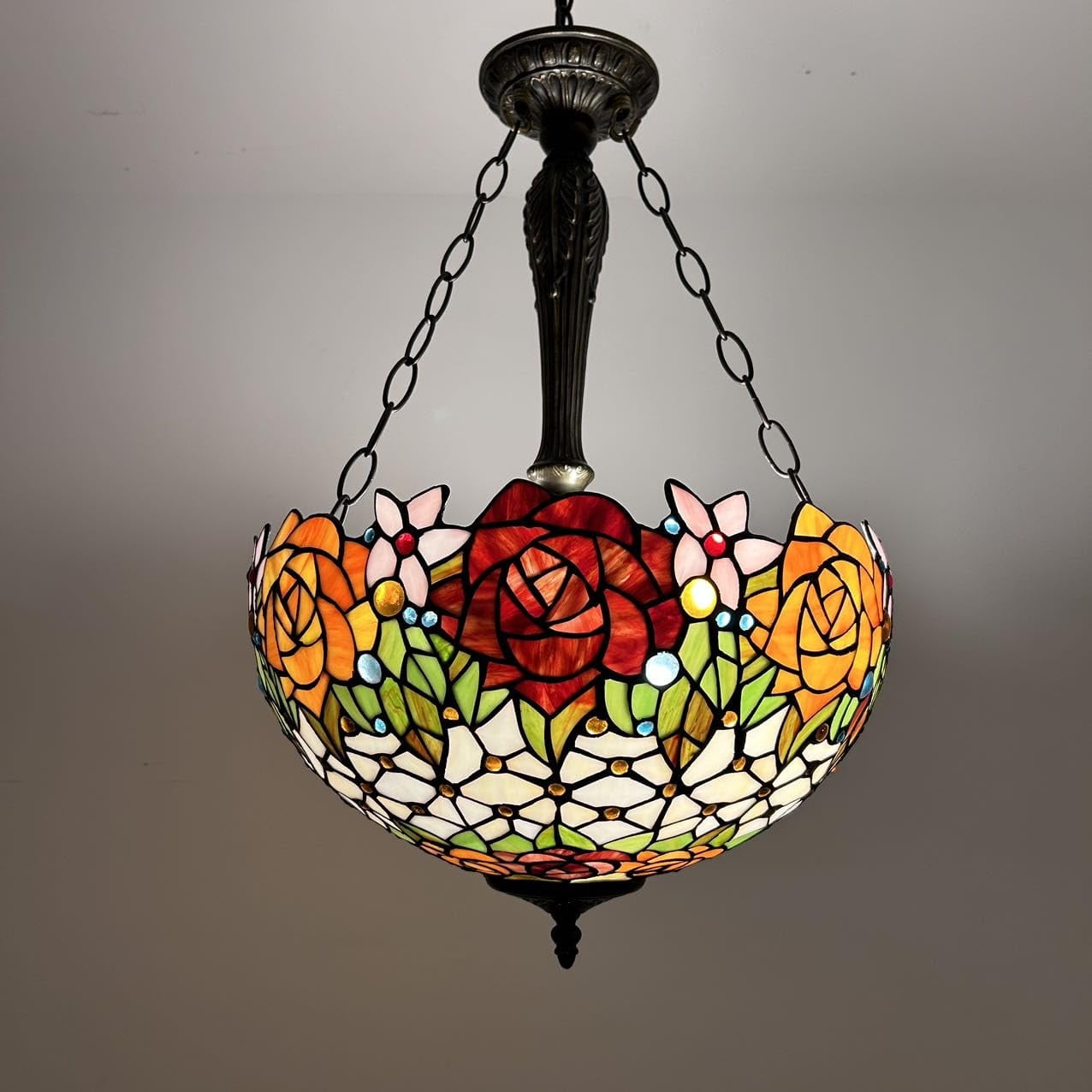 Tiffany Pendant Lights Red Orange Stained Glass Rose Flowers LED Bulbs ...