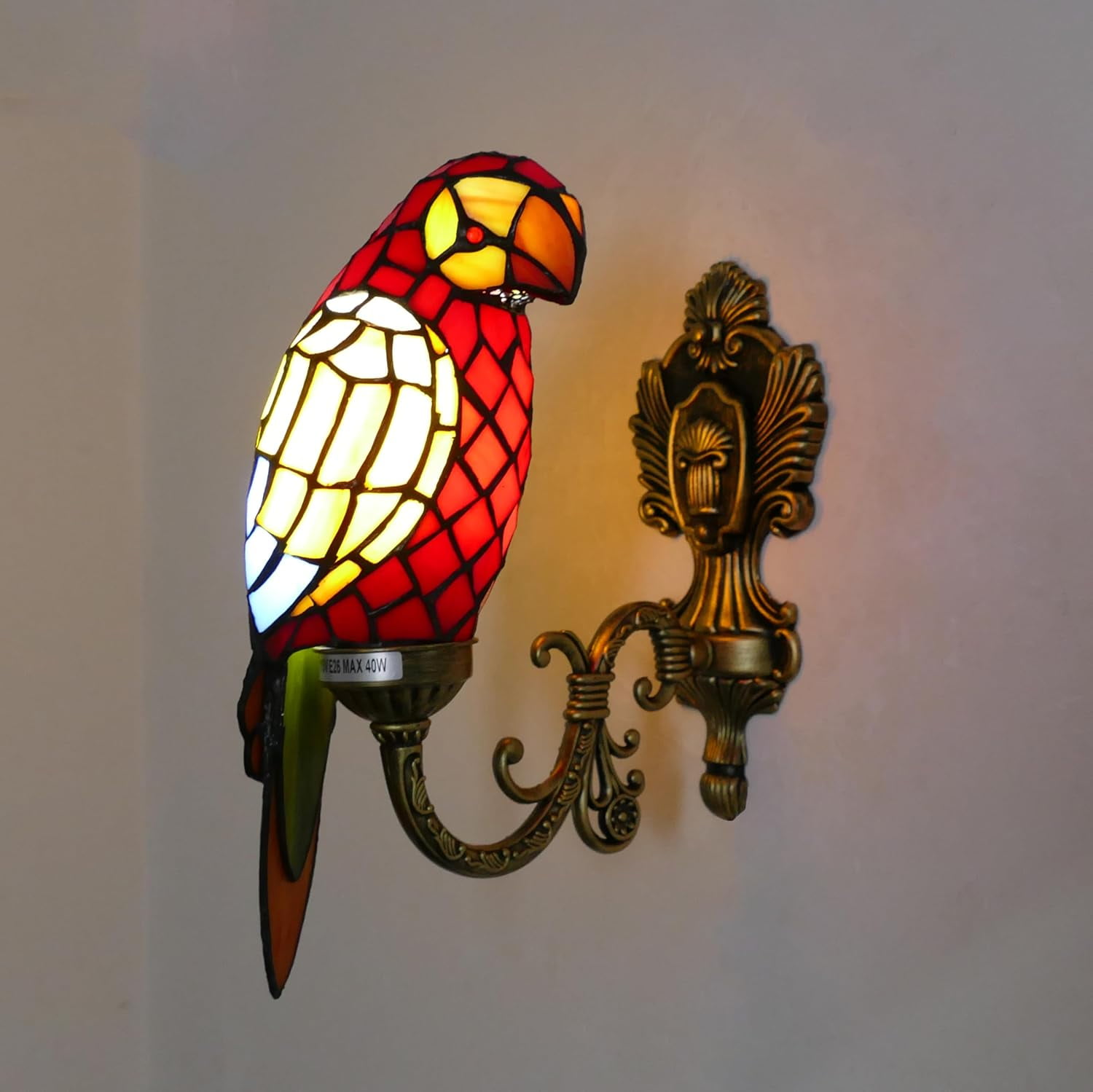 Tiffany Red Parrot Wall Light Stained Glass Gooseneck Wall Sconce Birds ...