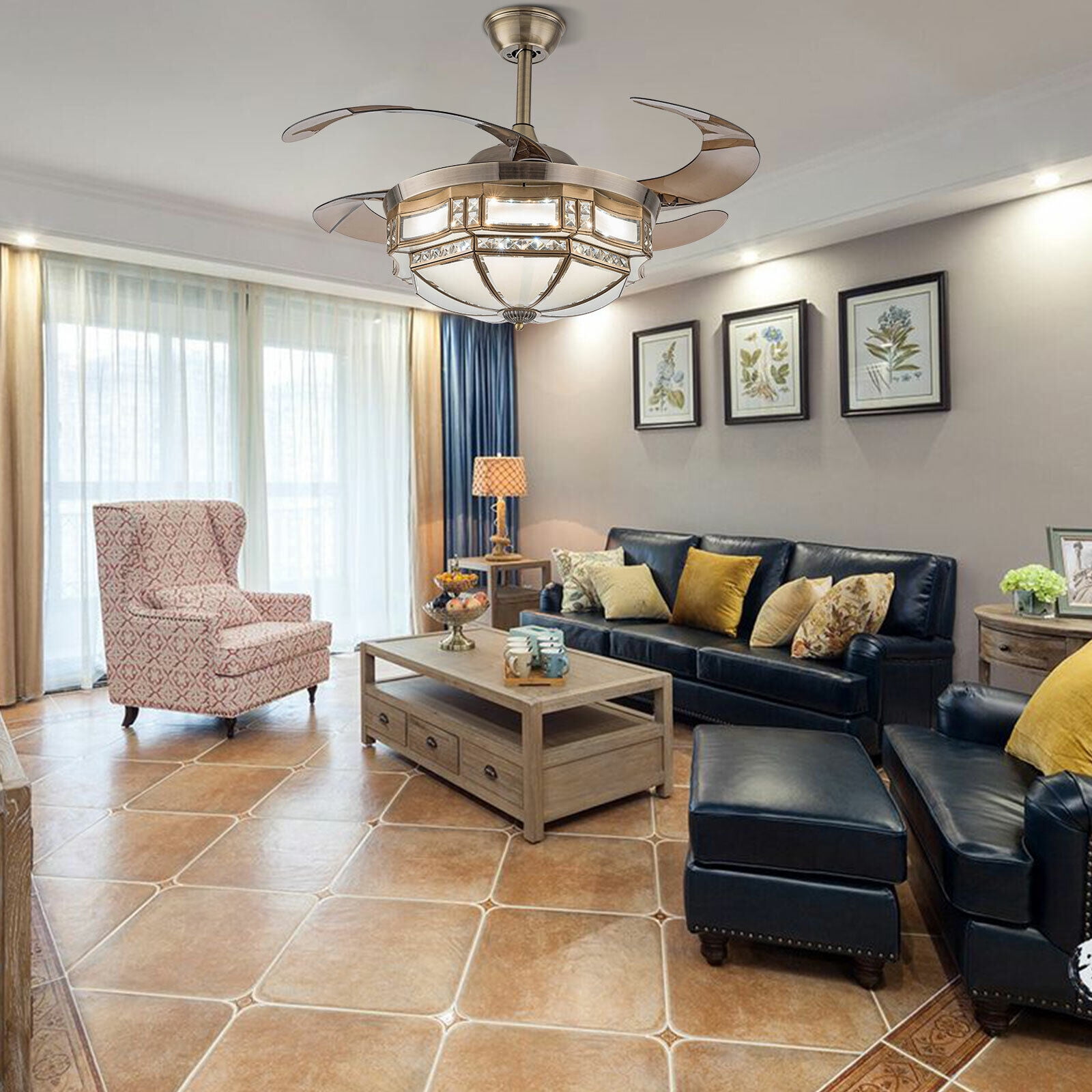 Retro Ceiling Fan Light 42inch Chandelier Lamp with 4 Retractable ...