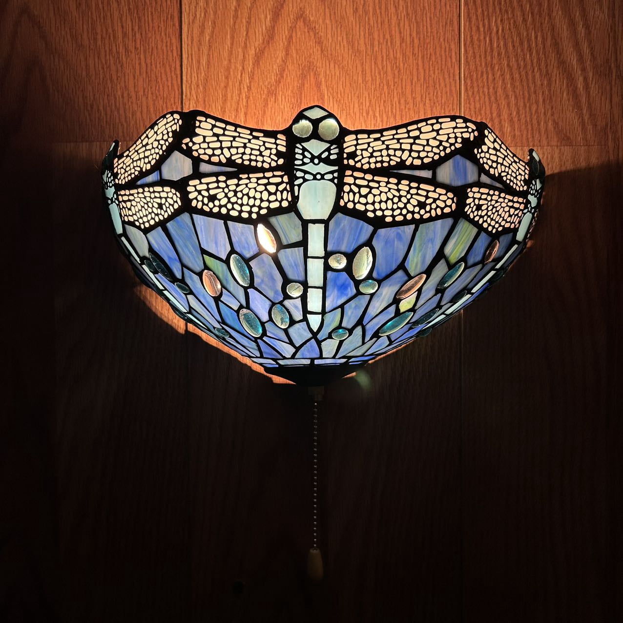 Enjoy Decor Lamps Classic Sconces with Blue Stained Glass Dragonfly Half Moon Pull Chain Switch ...