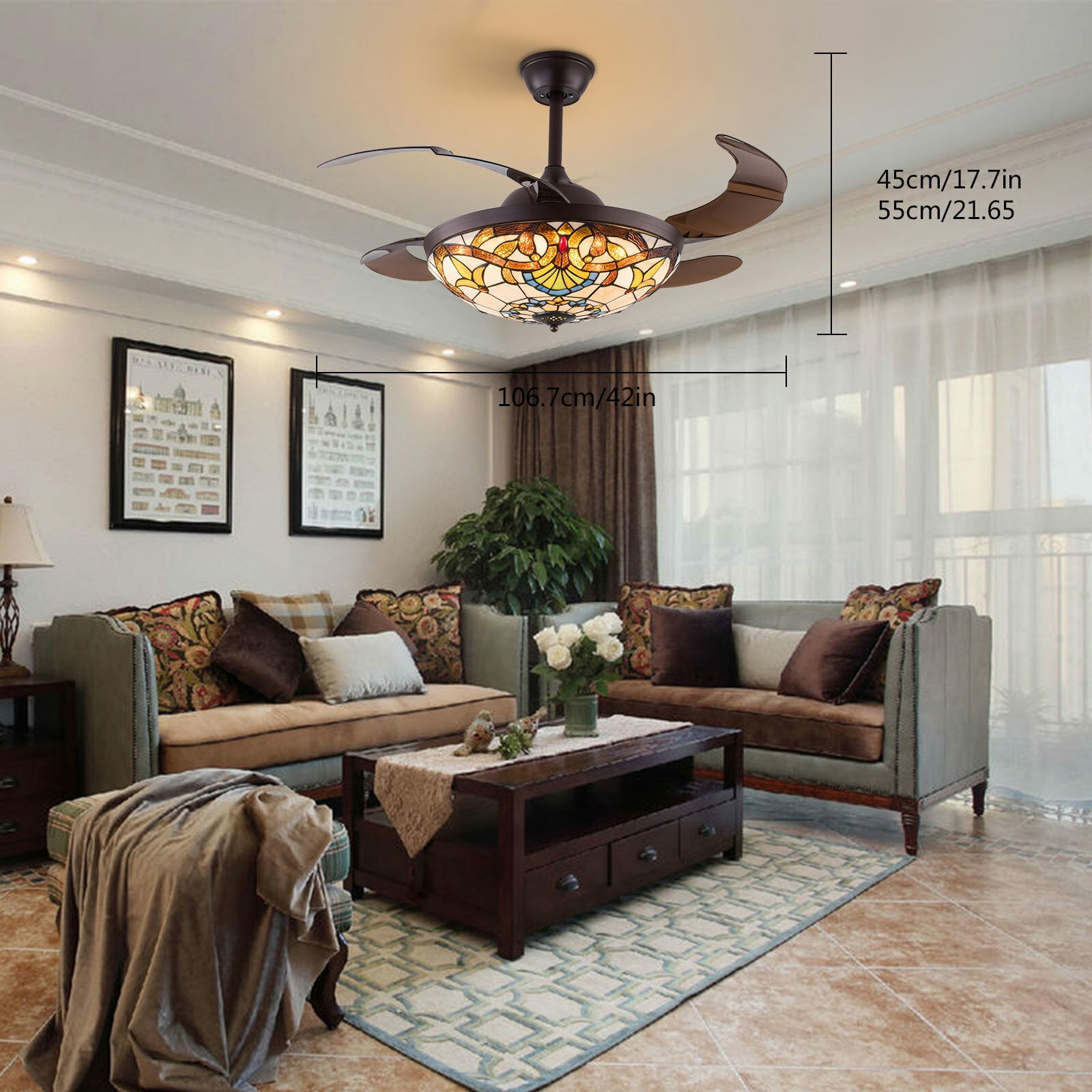 Tiffany Style Ceiling Fan Light Glass Shade Retractable Lamp Chandelier ...
