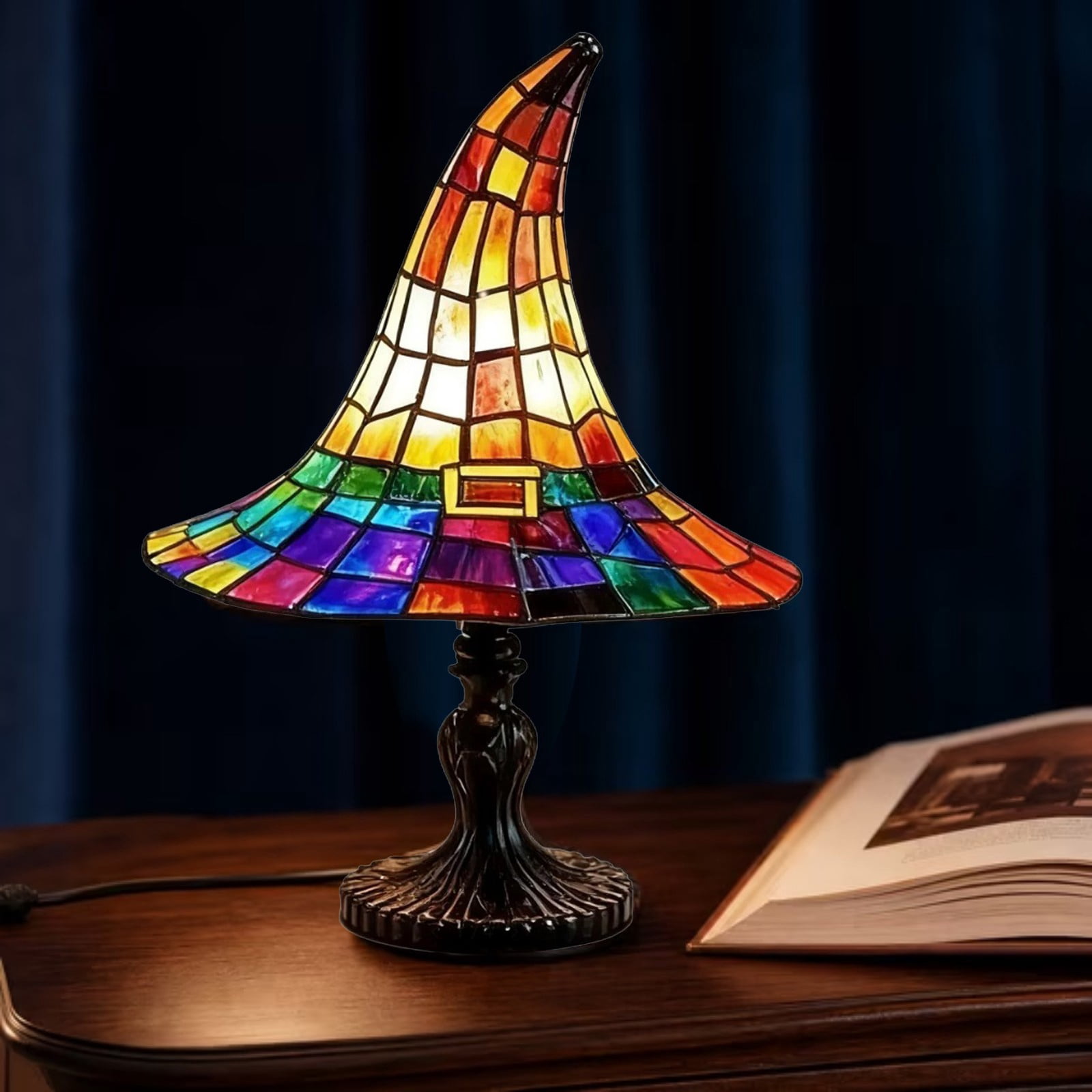 Tiffany Style Stained Glass Witch Hat Table Lamp Multicolor Rainbow ...