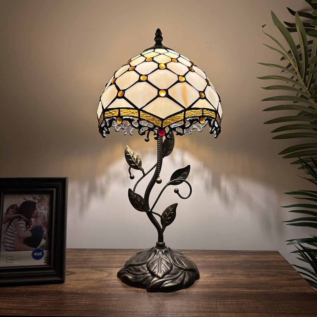 Tiffany Table Lamp Beige Stained Glass Crystal Beans Included LED Bulb ...