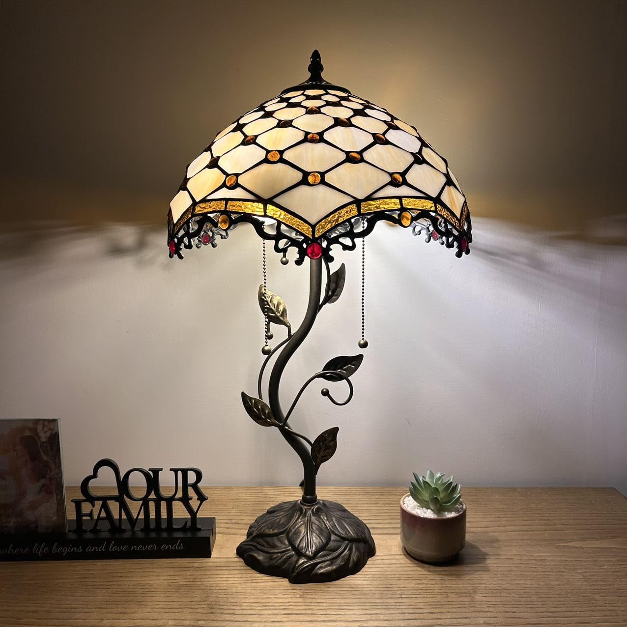 Tiffany Table Lamp Beige Stained Glass Crystal Beans Iron Metal Leaves ...