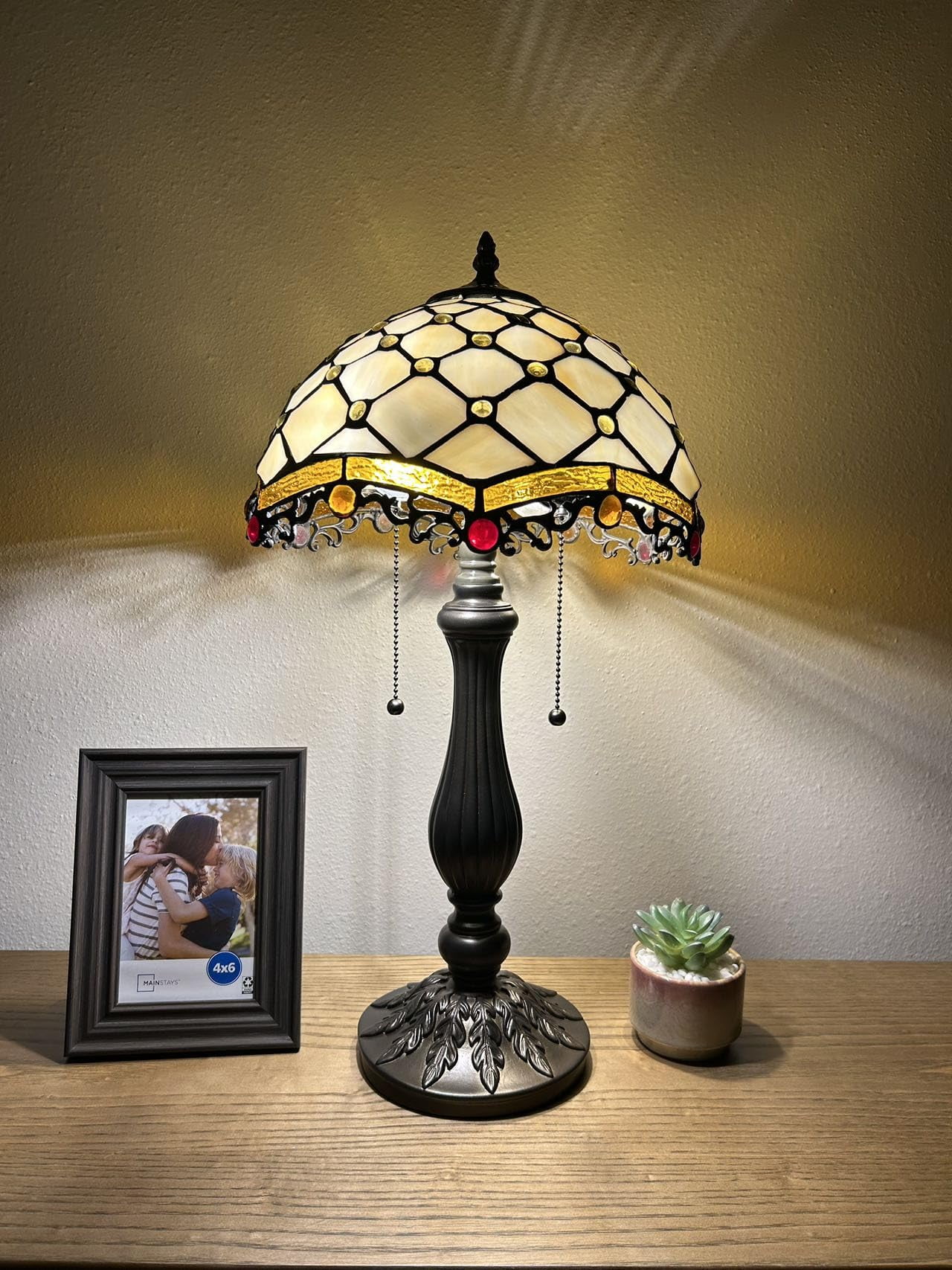 Tiffany Table Lamp Beige Stained Glass Crystal Beans LED Bulbs Included ...