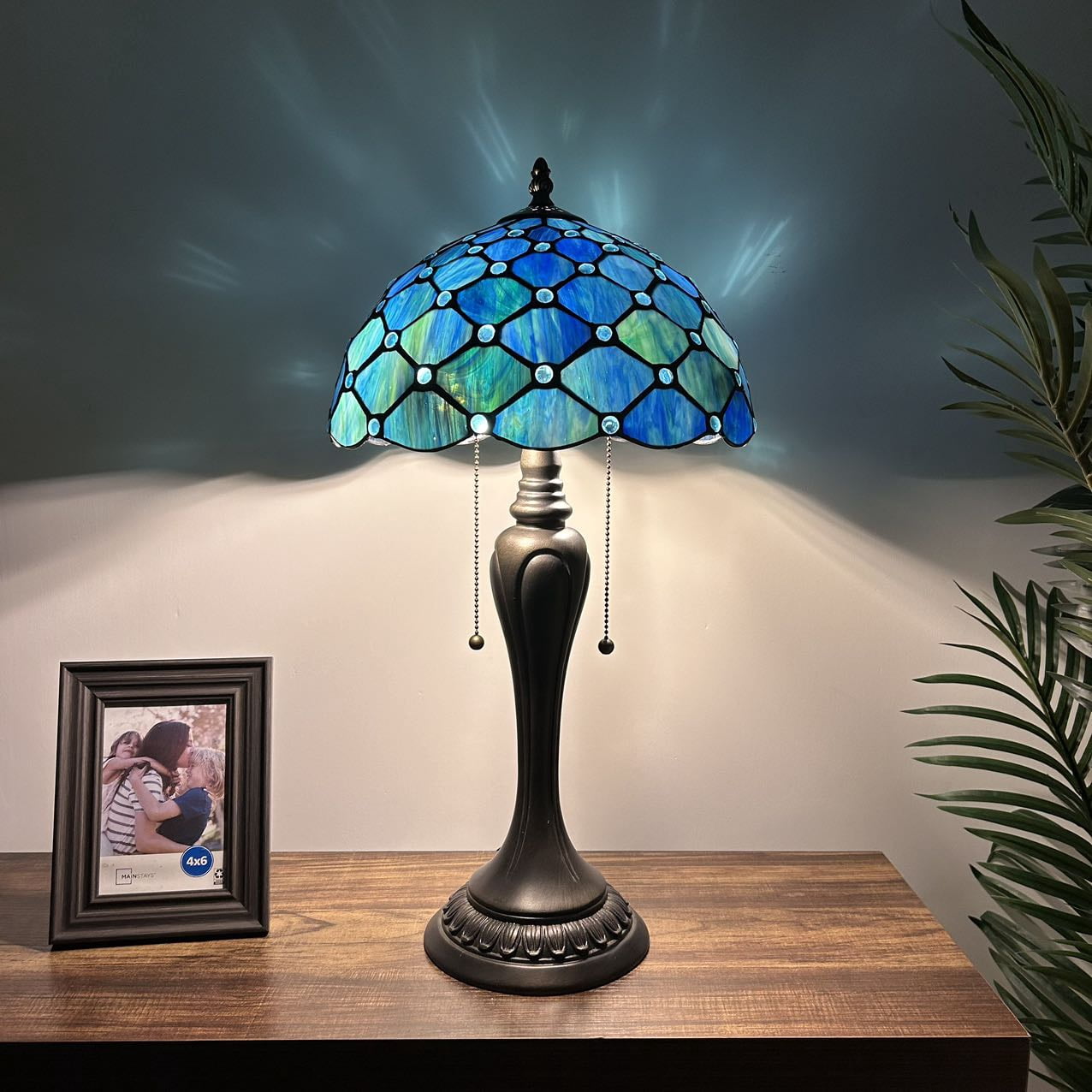 Tiffany Table Lamp Blue Green Stained Glass Crystal Beans LED Bulbs ...