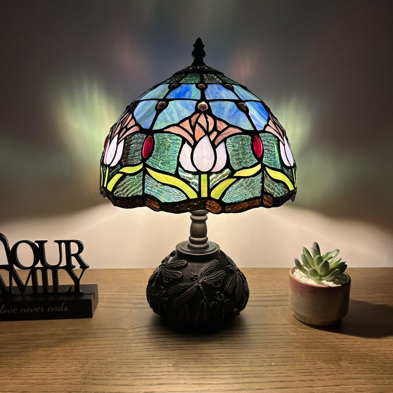 Tiffany Table Lamp Blue Purple Stained Glass Tulips LED Bulb Included ...