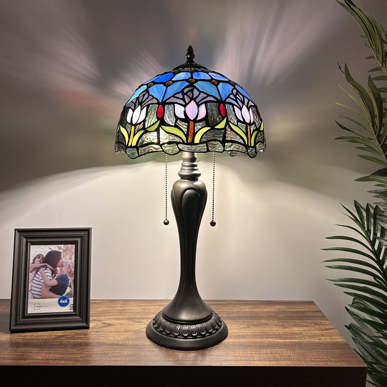 Tiffany Table Lamp Blue Purple Stained Glass Tulips LED Bulbs Included ...