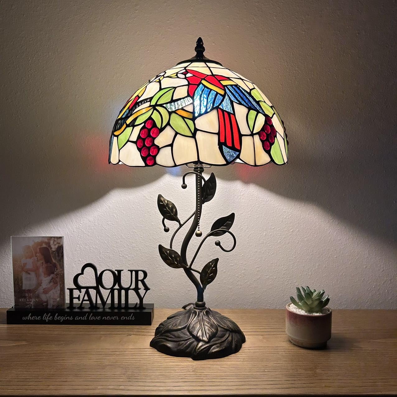 Tiffany Table Lamp Blue Red Green Stained Glass Parrots Iron Metal ...