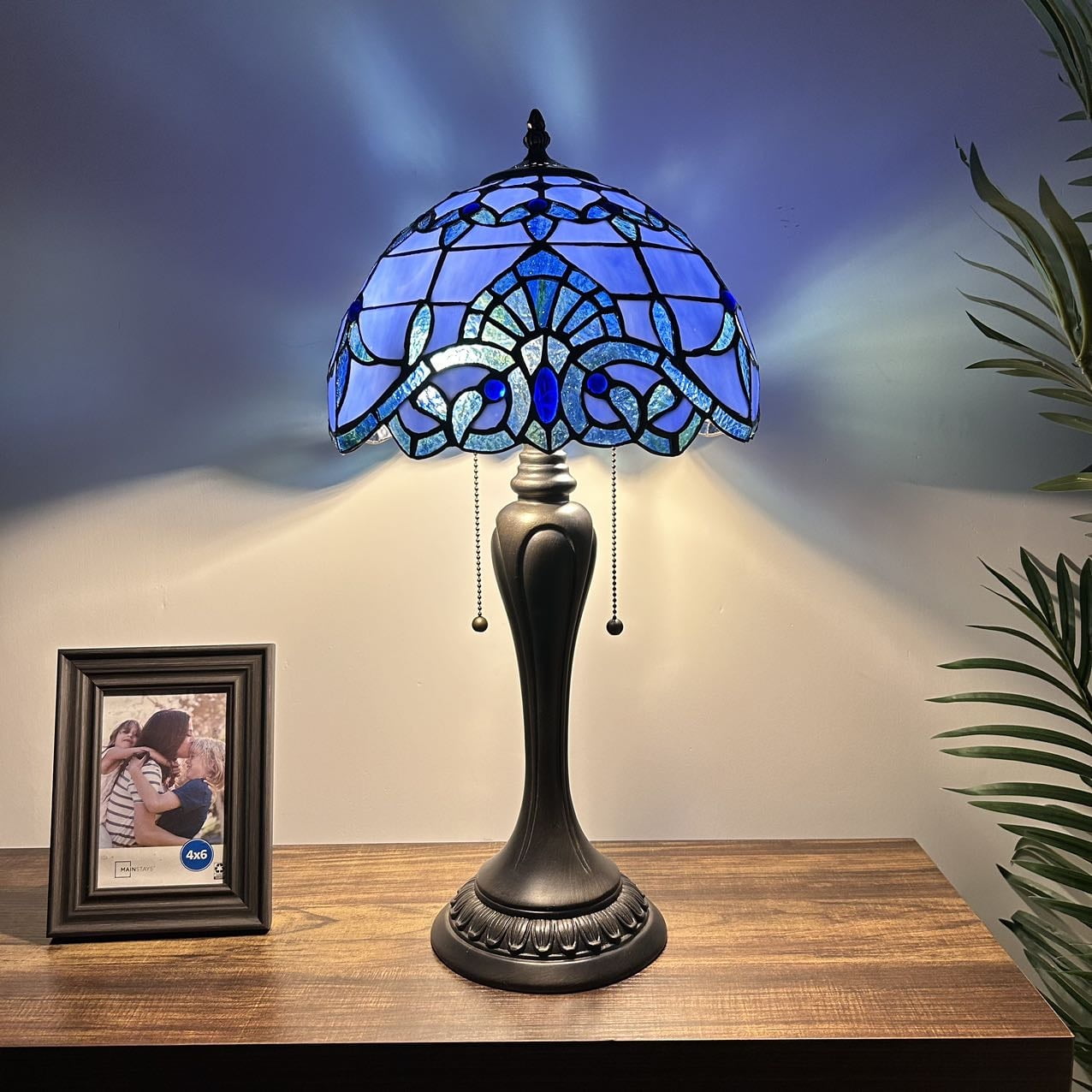 Tiffany Table Lamp Blue Stained Glass Baroque Style Lavender LED Bulbs ...