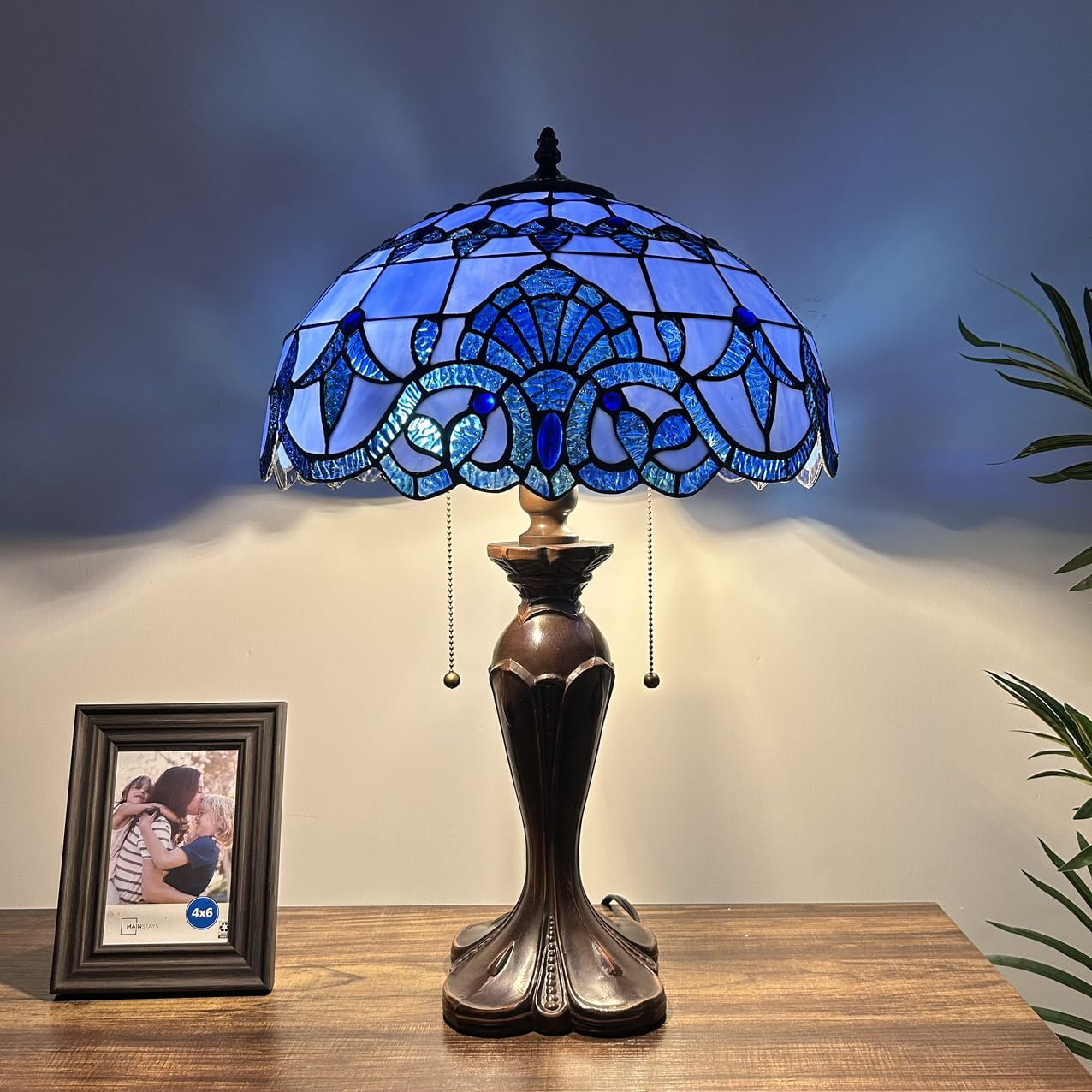 Tiffany Table Lamp Blue Stained Glass Baroque Style Lavender LED Bulbs ...