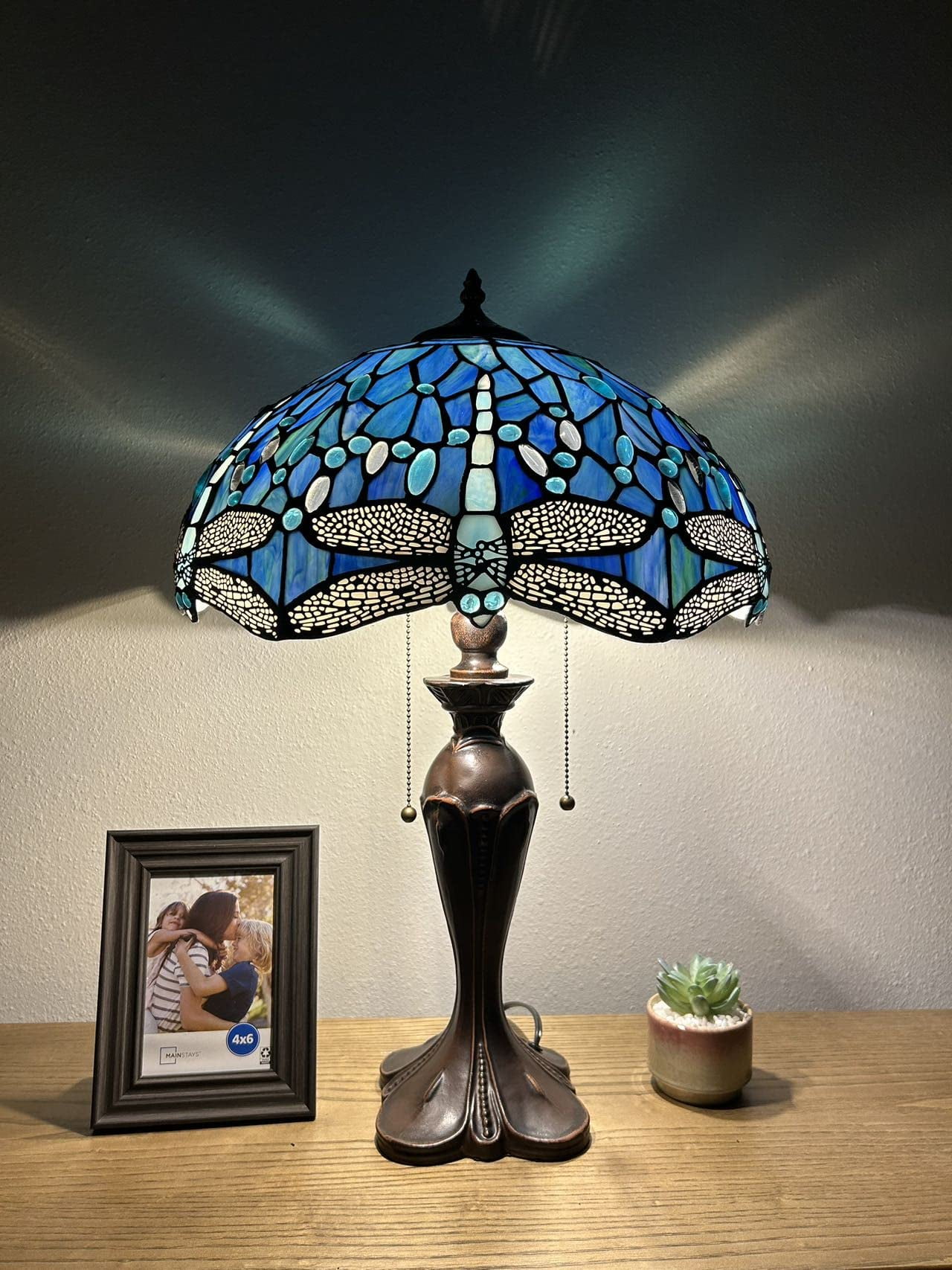 Tiffany Table Lamp Blue Stained Glass Dragonfly Included LED bulbs Pull ...