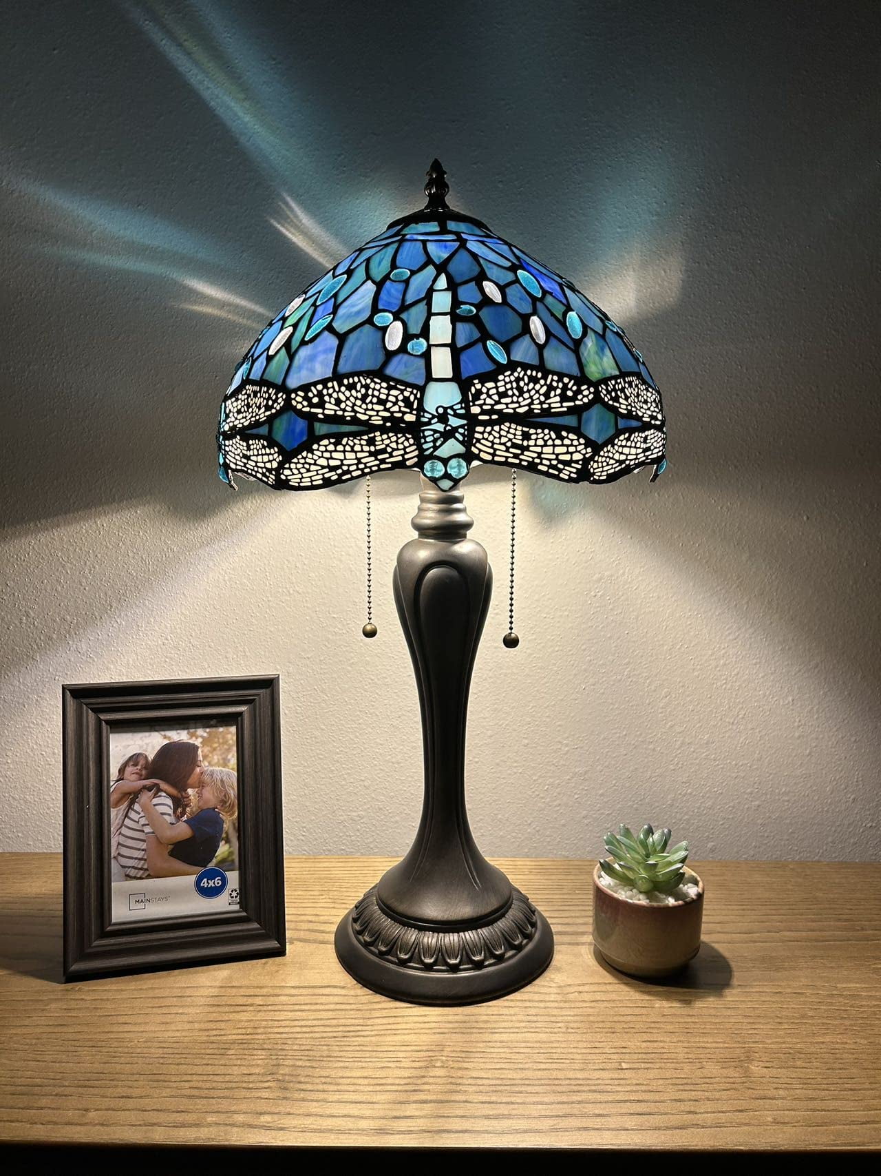 Tiffany Table Lamp Blue Stained Glass Dragonfly LED Bulbs Included Pull ...