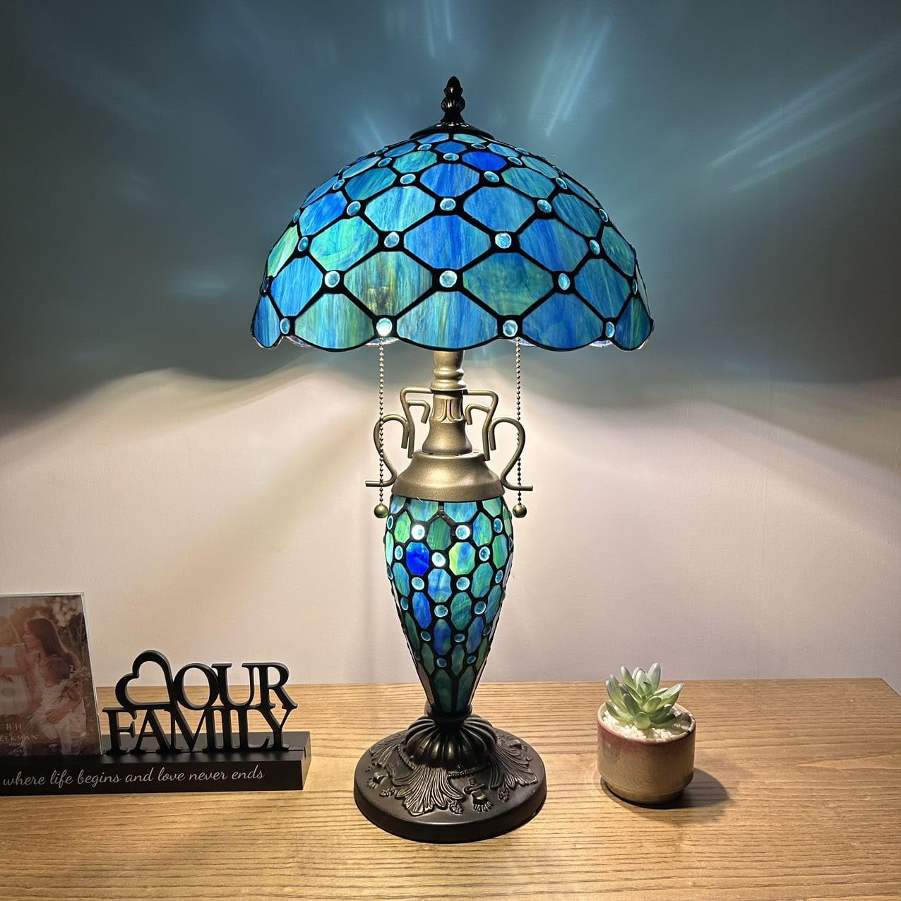 Tiffany Table Lamp Blue Stained Glass Shade And Base Crystal Beans LED ...