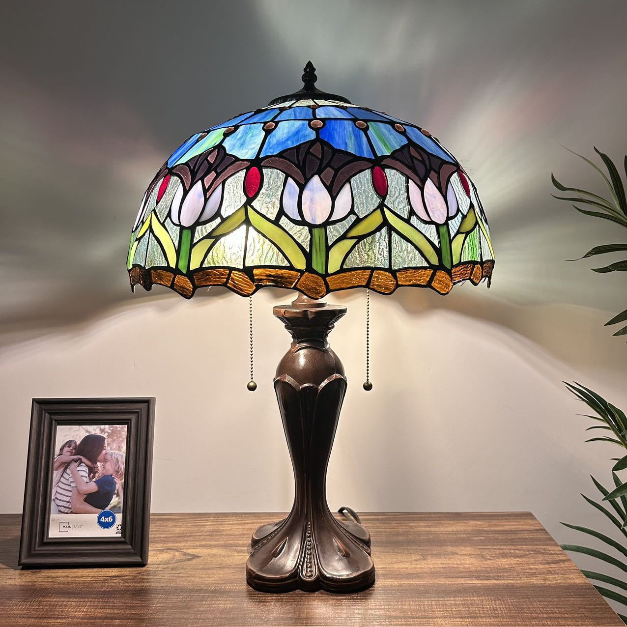 Tiffany Table Lamp Blue Stained Glass Tulips LED Bulbs Included For ...