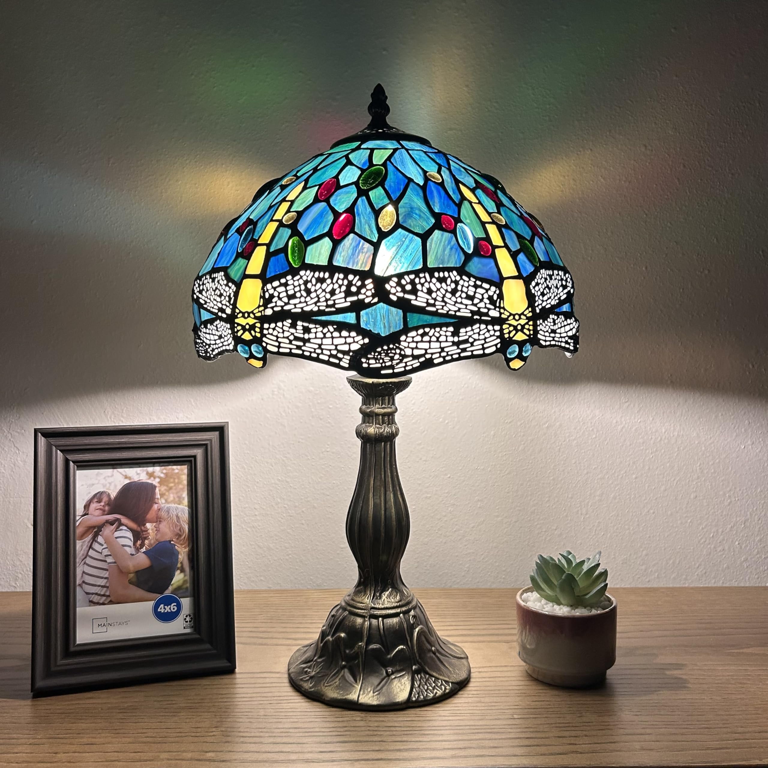 Tiffany Table Lamp Dragonfly Green Blue Stained Glass LED Bulb Included ...