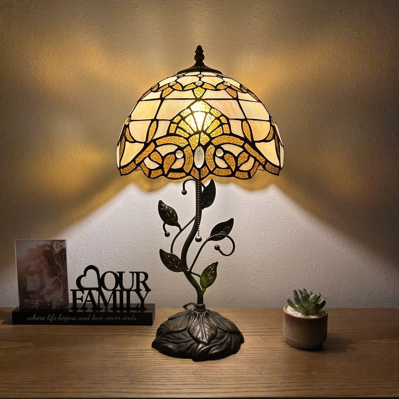 Tiffany Table Lamp Gold Stained Glass Baroque Style Lavender Iron Metal ...