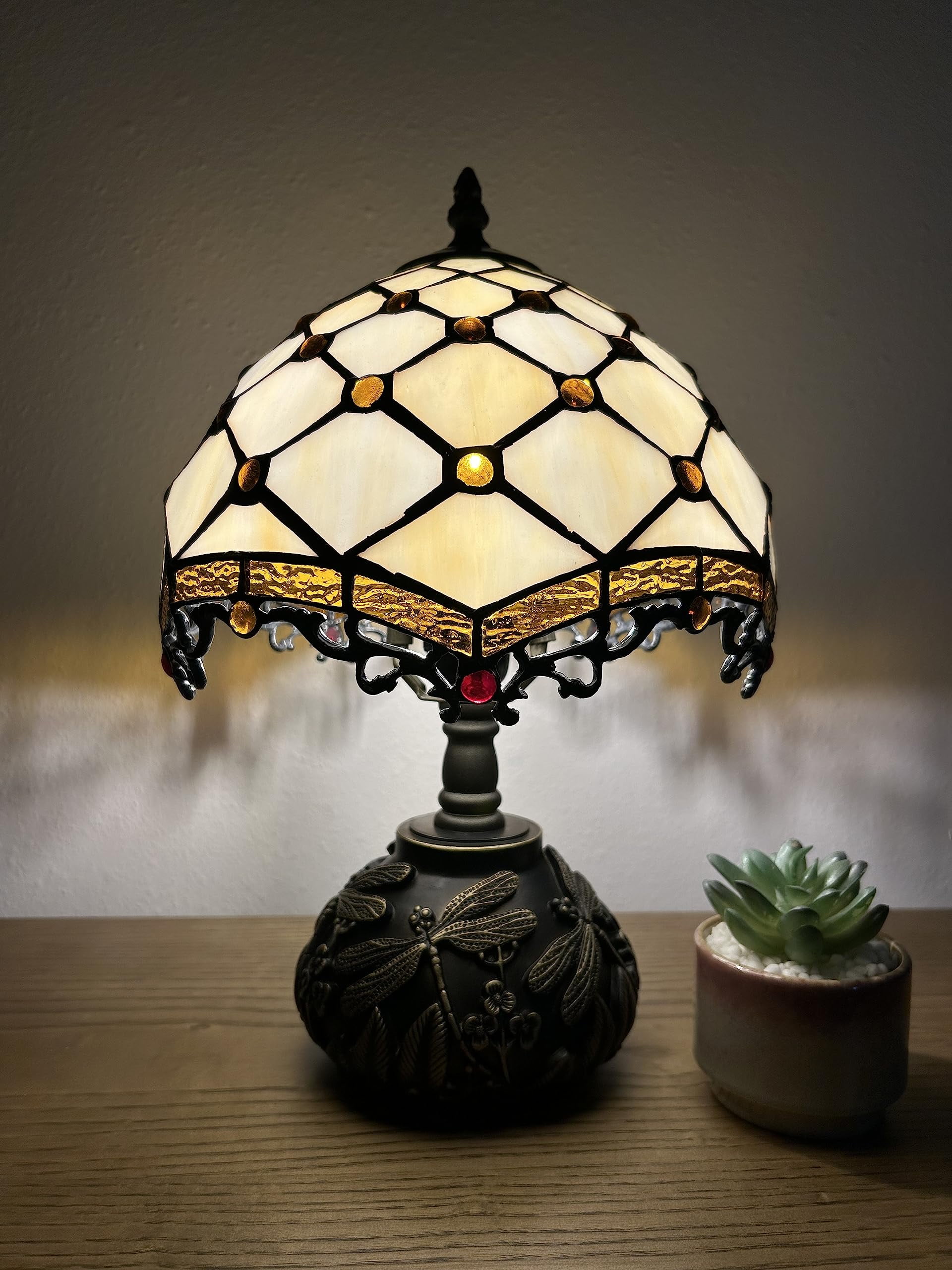 Tiffany Table Lamp Gold Stained Glass Crystal Beans LED Bulb Included ...