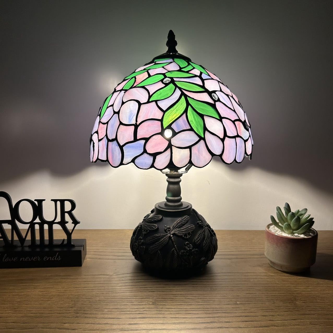 Tiffany Table Lamp Purple Stained Glass Green Leaves LED Bulb Included ...