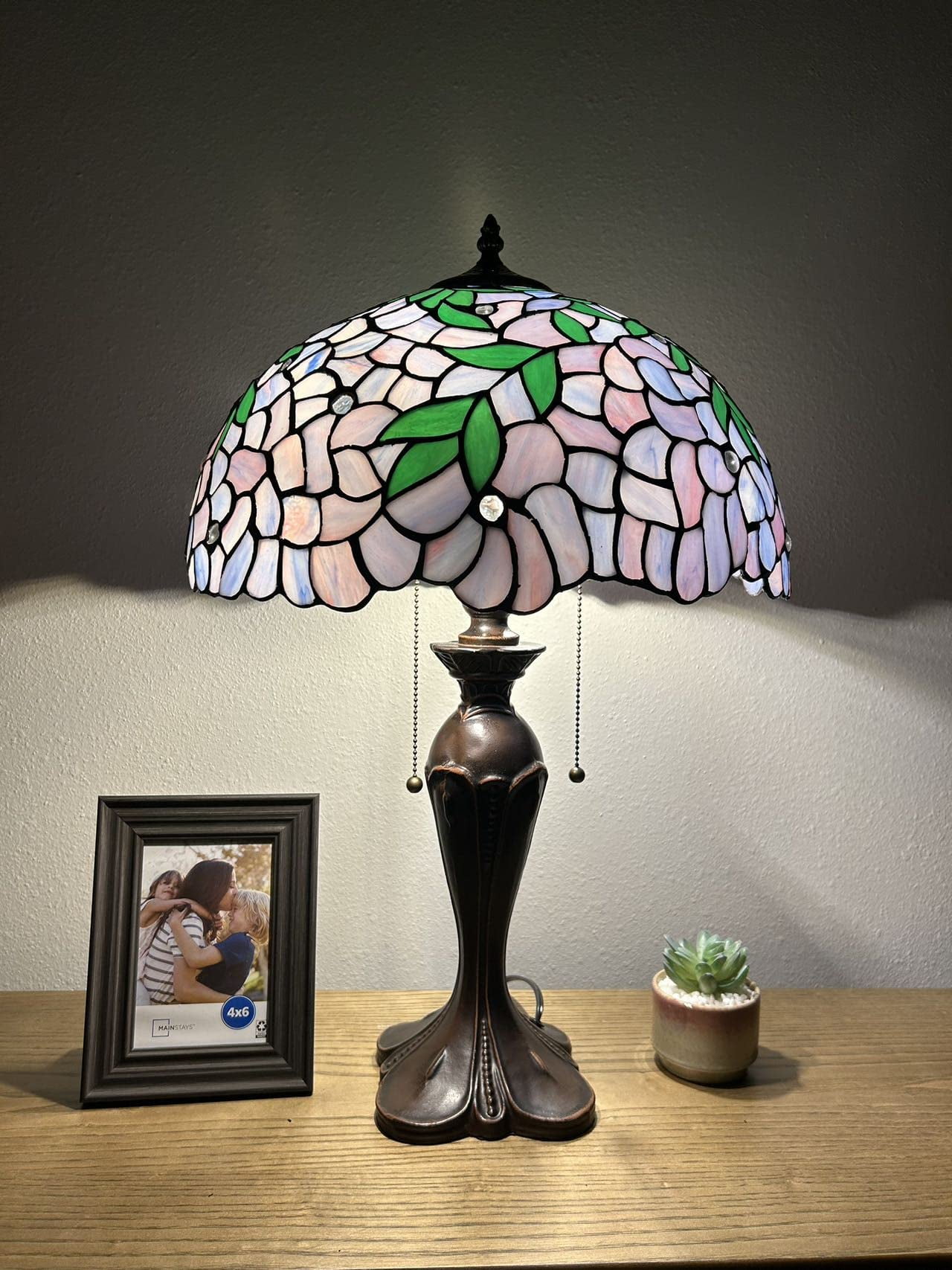 Tiffany Table Lamp Purple Stained Glass Green Leaves LED Bulbs Included ...