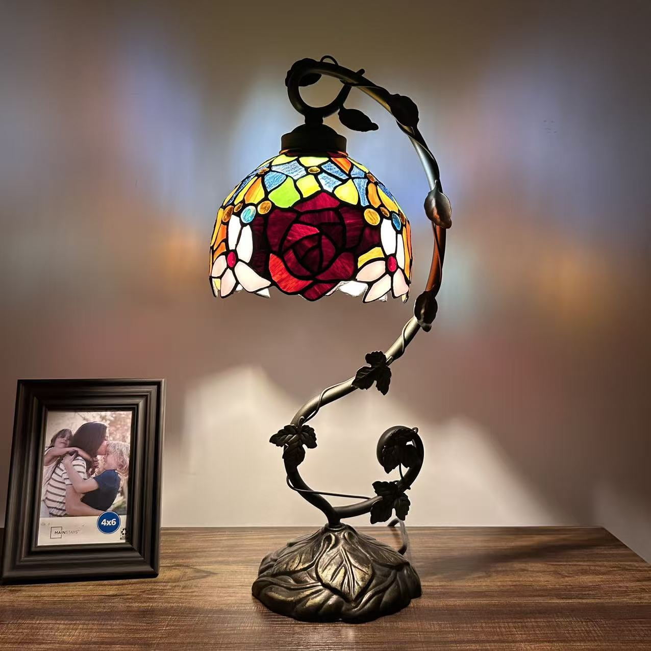 Tiffany Table Lamp Red Orange Blue Stained Glass Rose Flowers Iron ...
