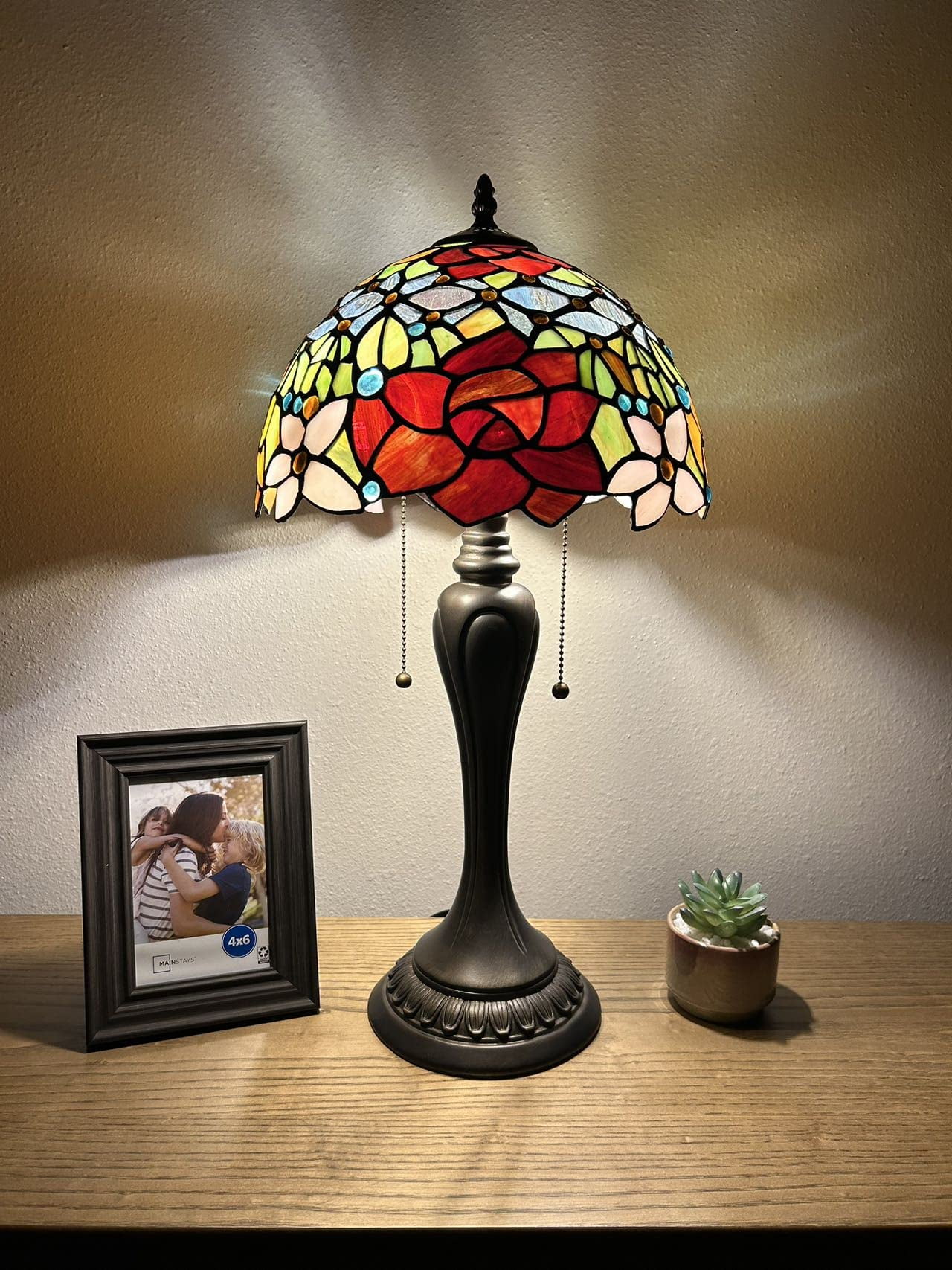 Tiffany Table Lamp Red Orange Blue Stained Glass Rose Flowers LED Bulbs ...