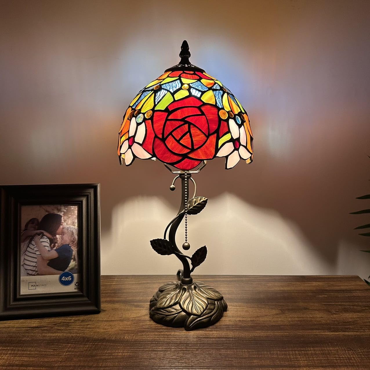 Tiffany Table Lamp Red Orange Stained Glass Rose Flowers LED Bulb ...
