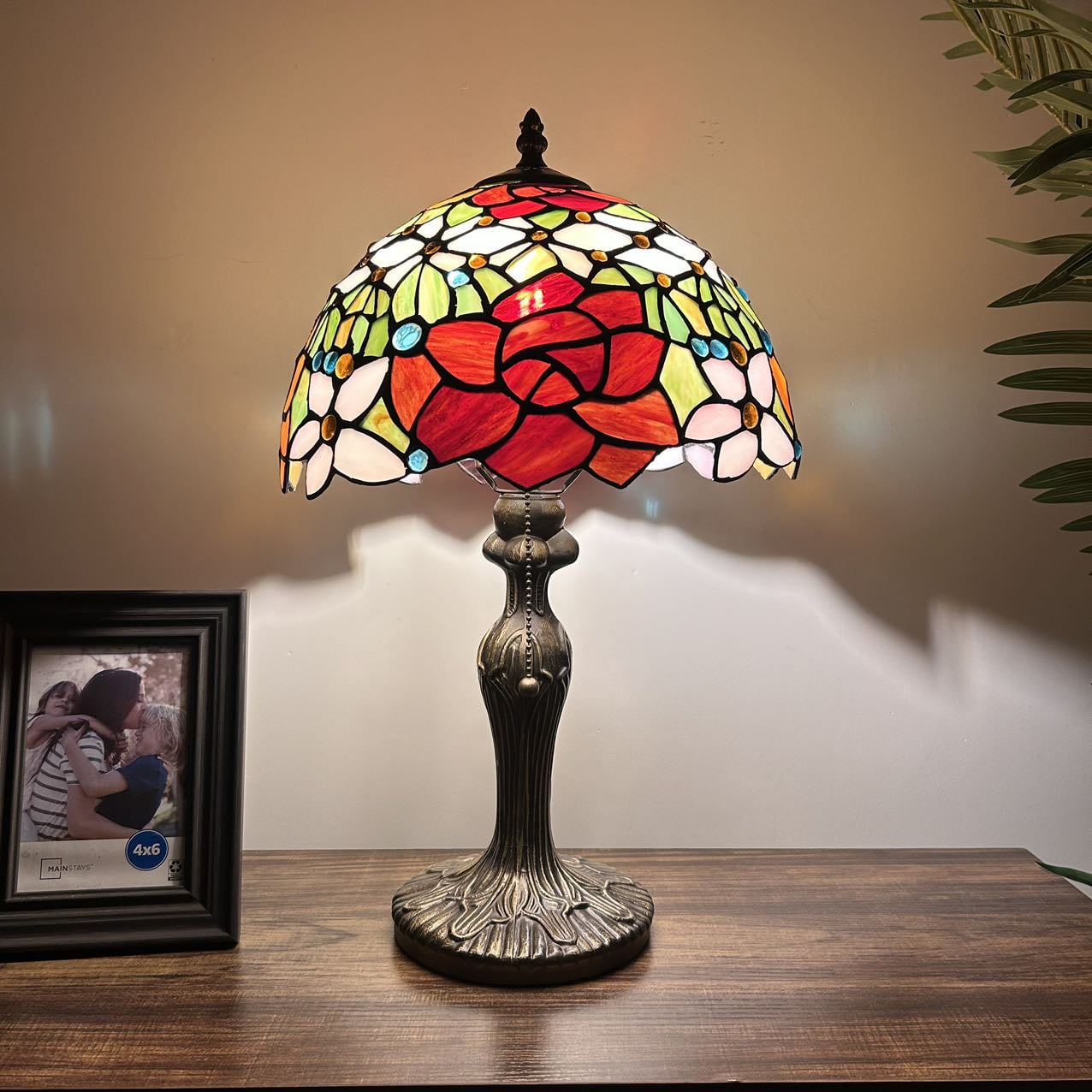 Tiffany Table Lamp Red Orange Stained Glass Rose Flowers LED Bulb ...