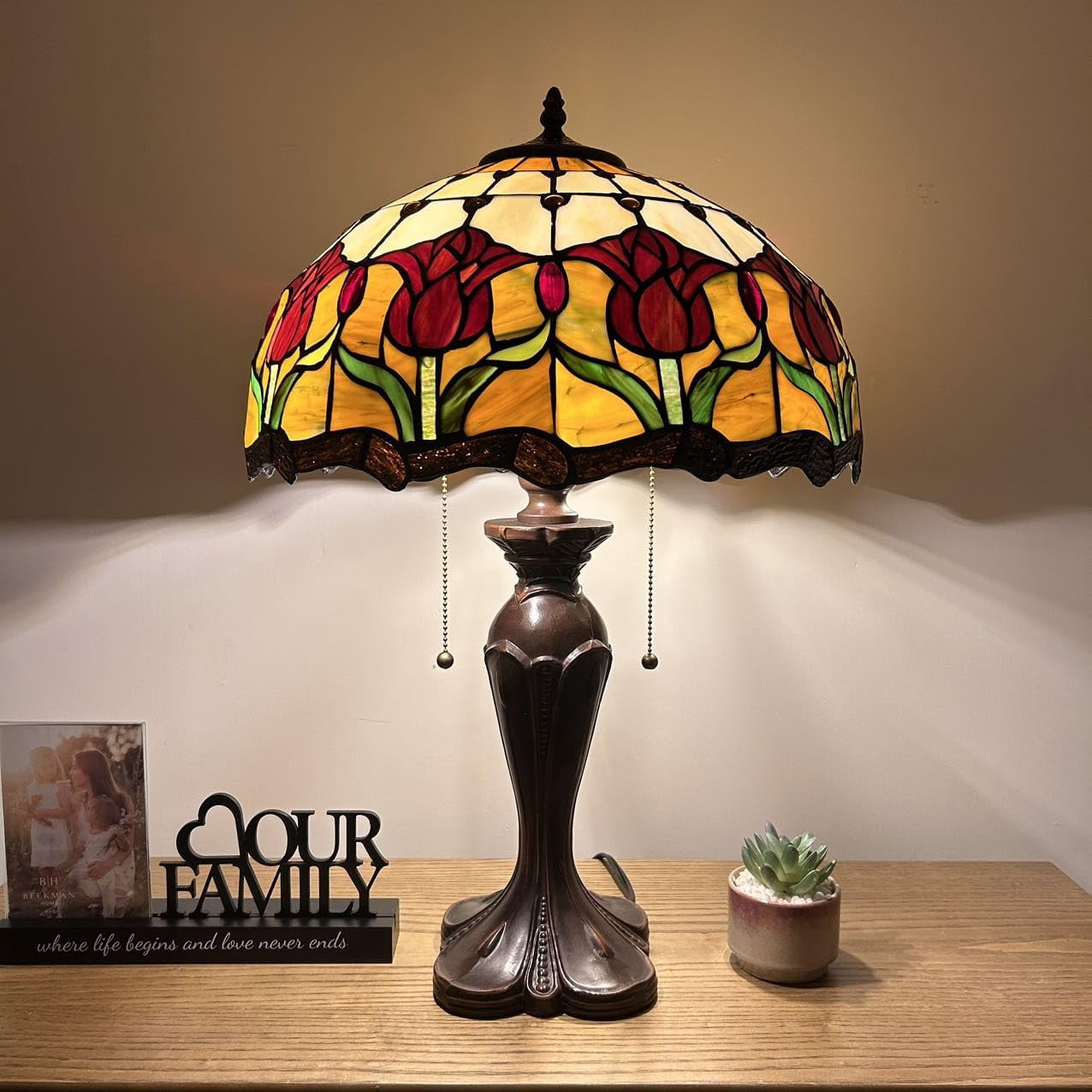 Tiffany Table Lamp Stained Glass Red Tulips LED Bulbs Included For ...