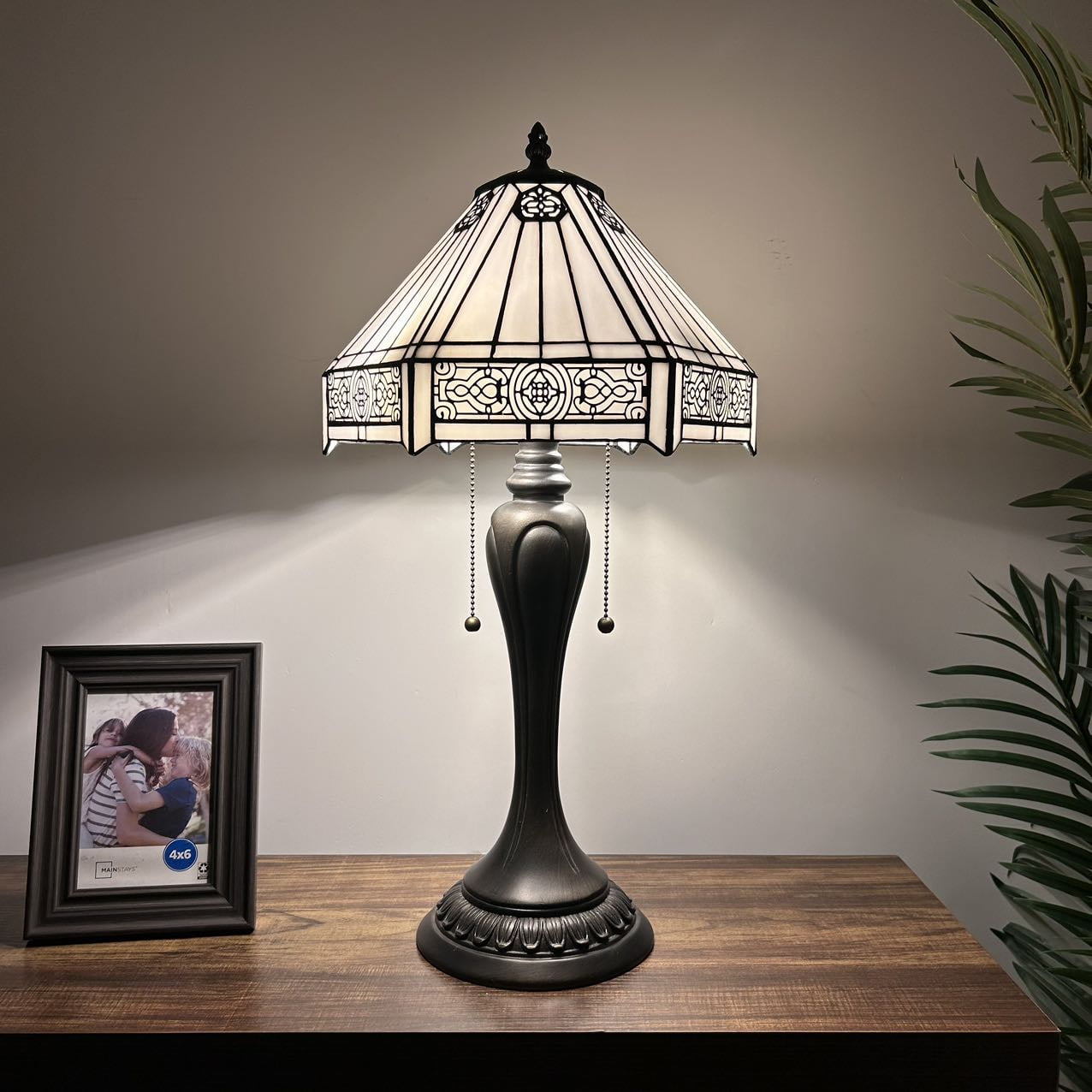 Tiffany Table Lamp White Hexagon Stained Glass LED Bulbs Included Pull ...