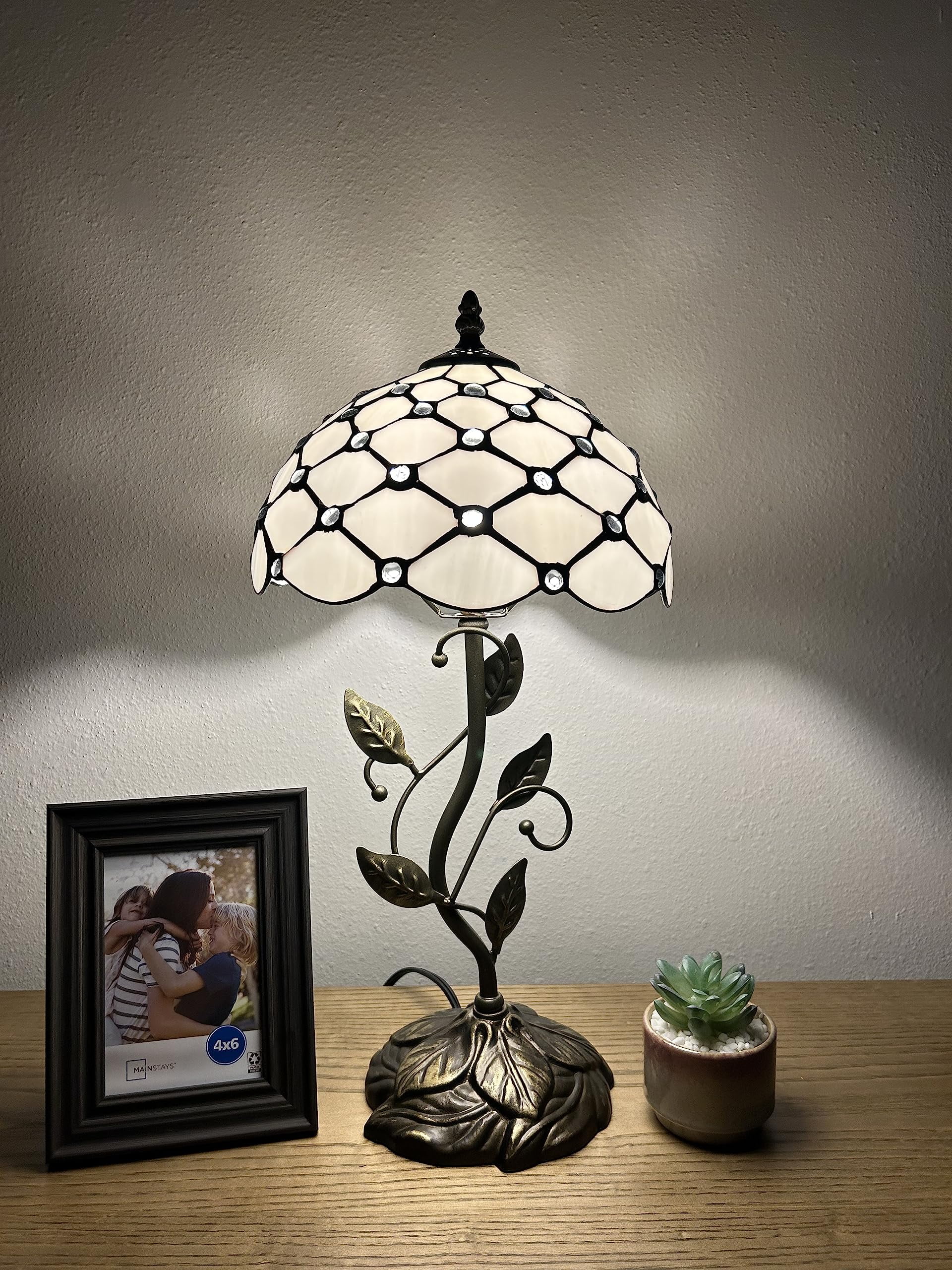 Tiffany Table Lamp White Stained Glass Crystal Beans Included LED Bulb ...
