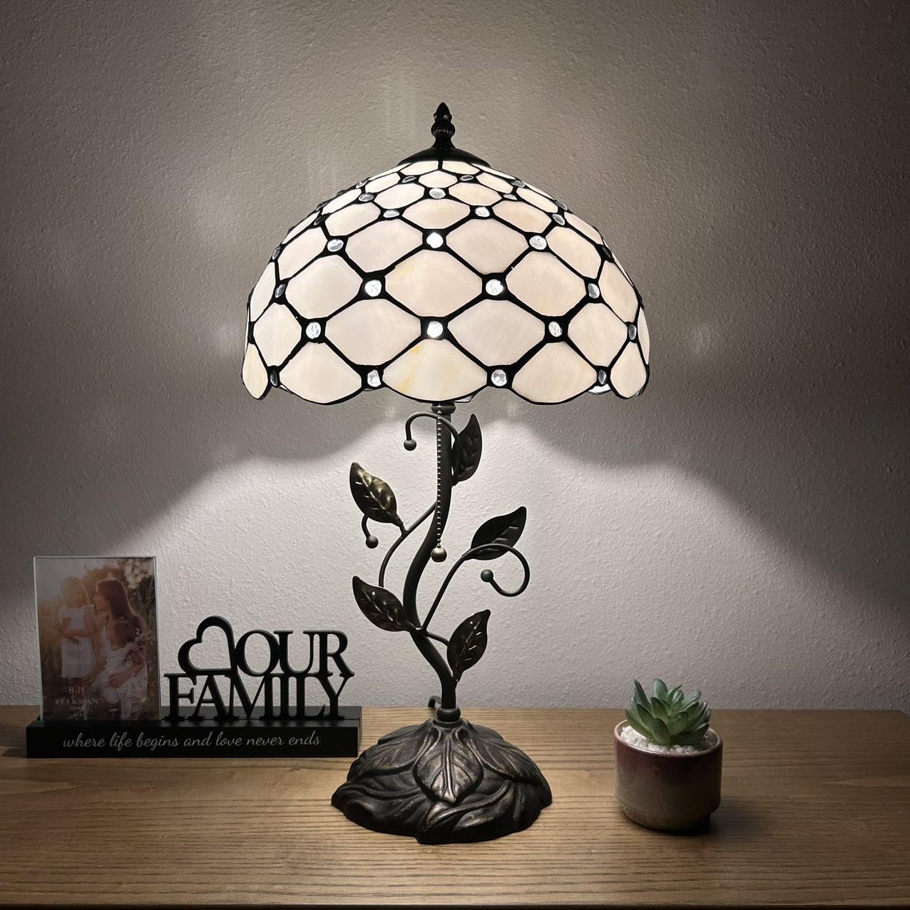 Tiffany Table Lamp White Stained Glass Crystal Beans Iron Metal Leaves ...