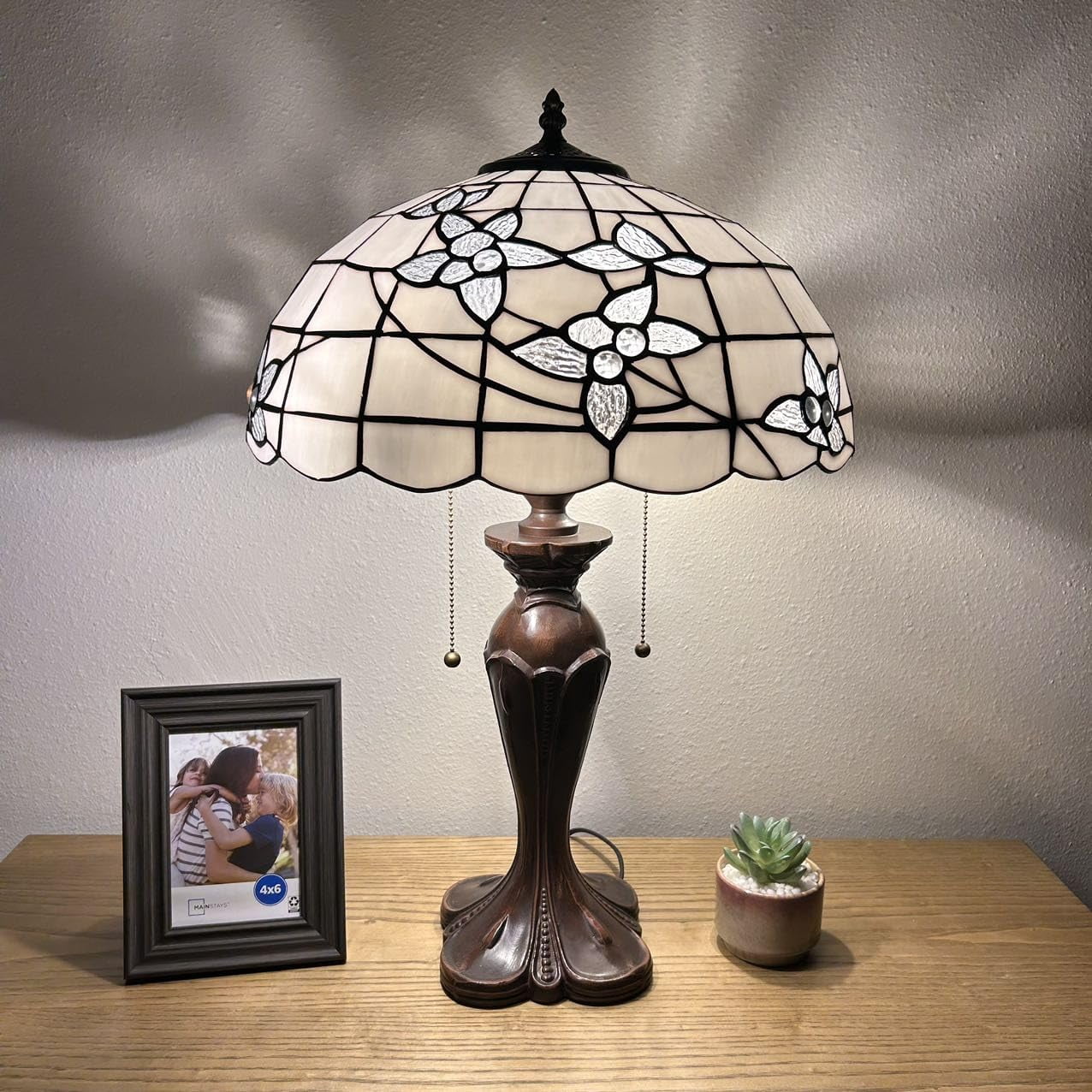 Tiffany Table Lamp White Stained Glass Flowers Included LED Bulbs For ...