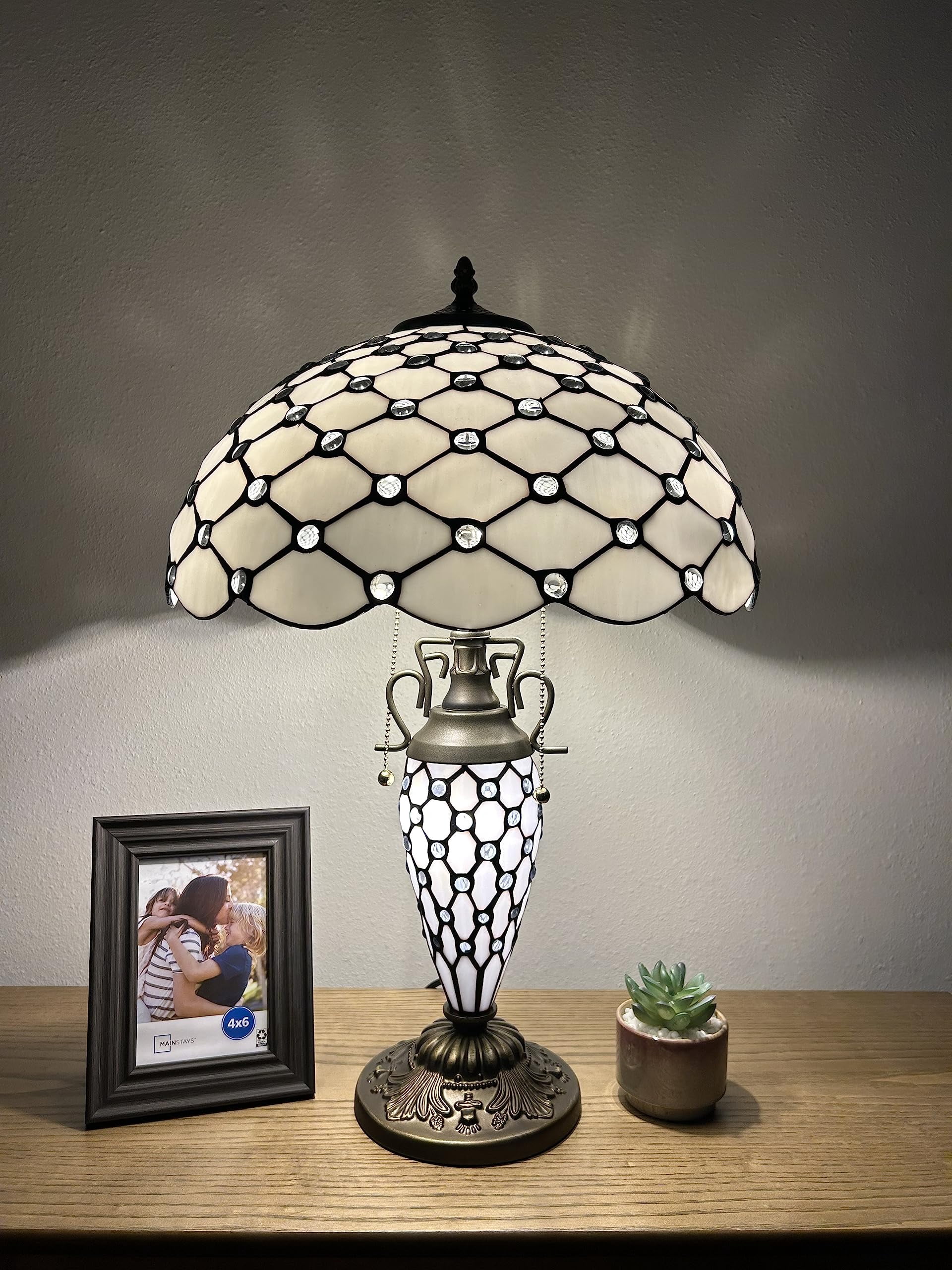 Tiffany Table Lamp White Stained Glass Shade And Base Crystal LED Bulbs ...