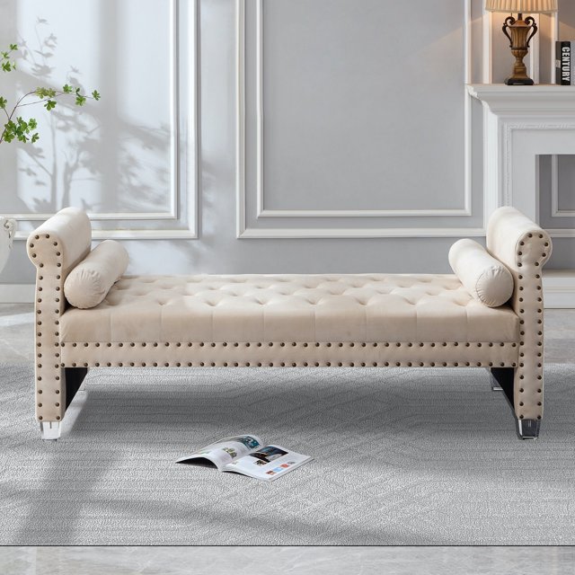 Tiffiany Luxury Tufted Velvet Upholstered Extra Long Bed Bench Beige ...